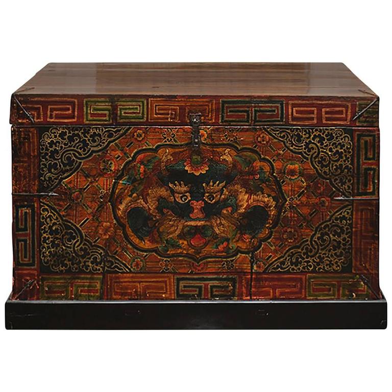 Antique Hand-Painted Tibetan Chest with Custom Stand at 1stDibs