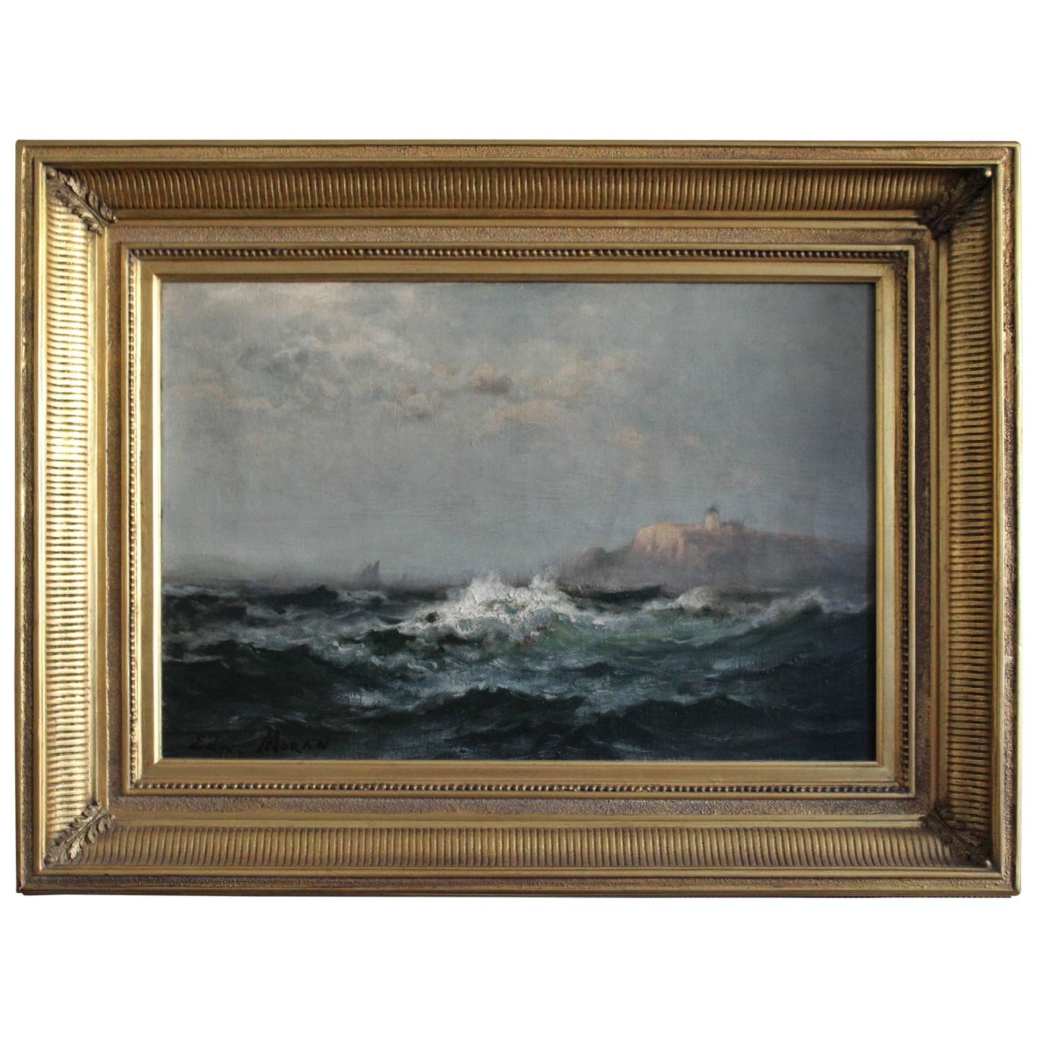 Edward Moran Impressionist Marine Oil Painting with Sailboats For Sale ...