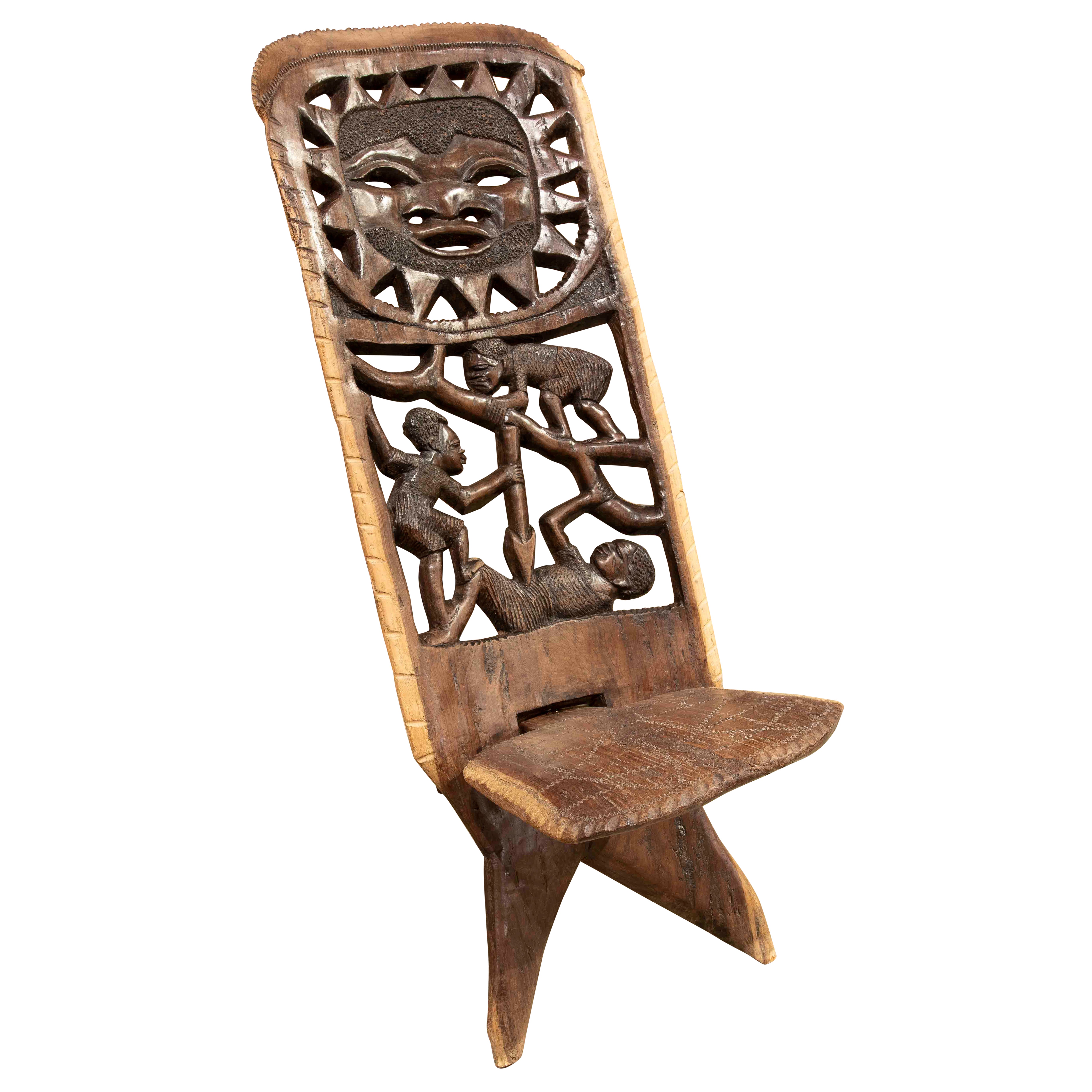 1950s Tribal Wooden Chair with Carved Sun and Scenes of Daily Life. For ...