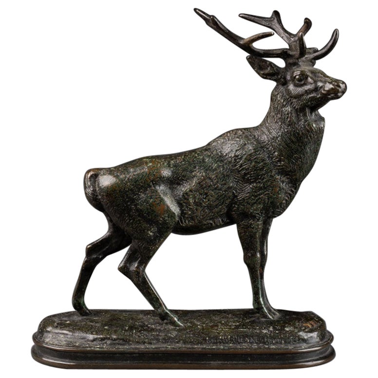 Antoine Louis Barye : "Stag", gold stamped Barbedienne patinated bronze ...