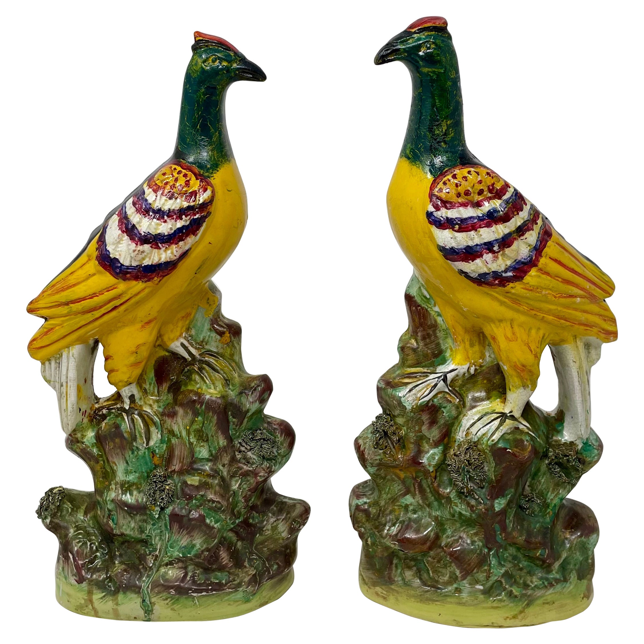 Pair of Antique English Staffordshire Pottery Hand-Painted Rock Birds ...