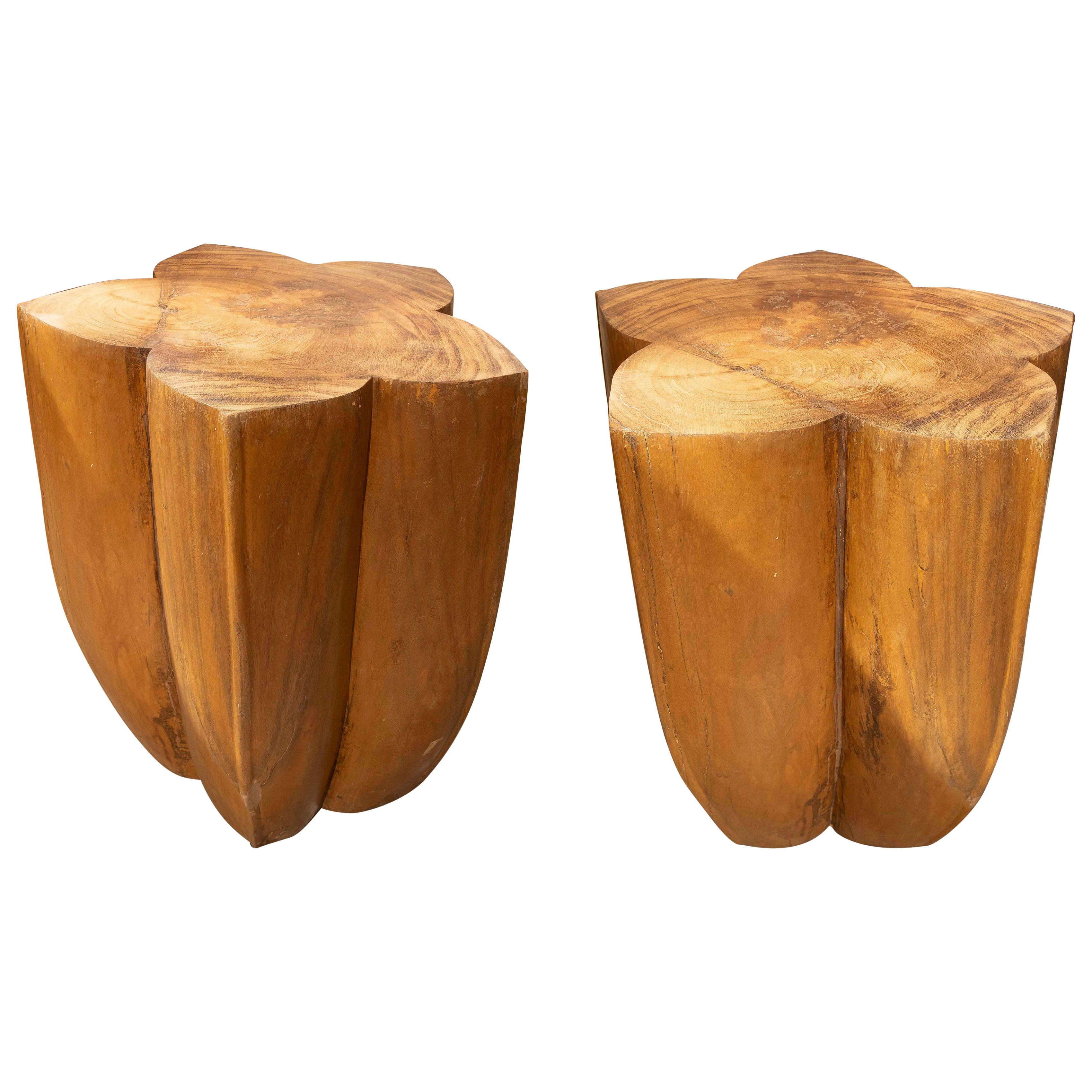 Pair of Solid Wood Side Tables with Carved Floral Design For Sale at ...