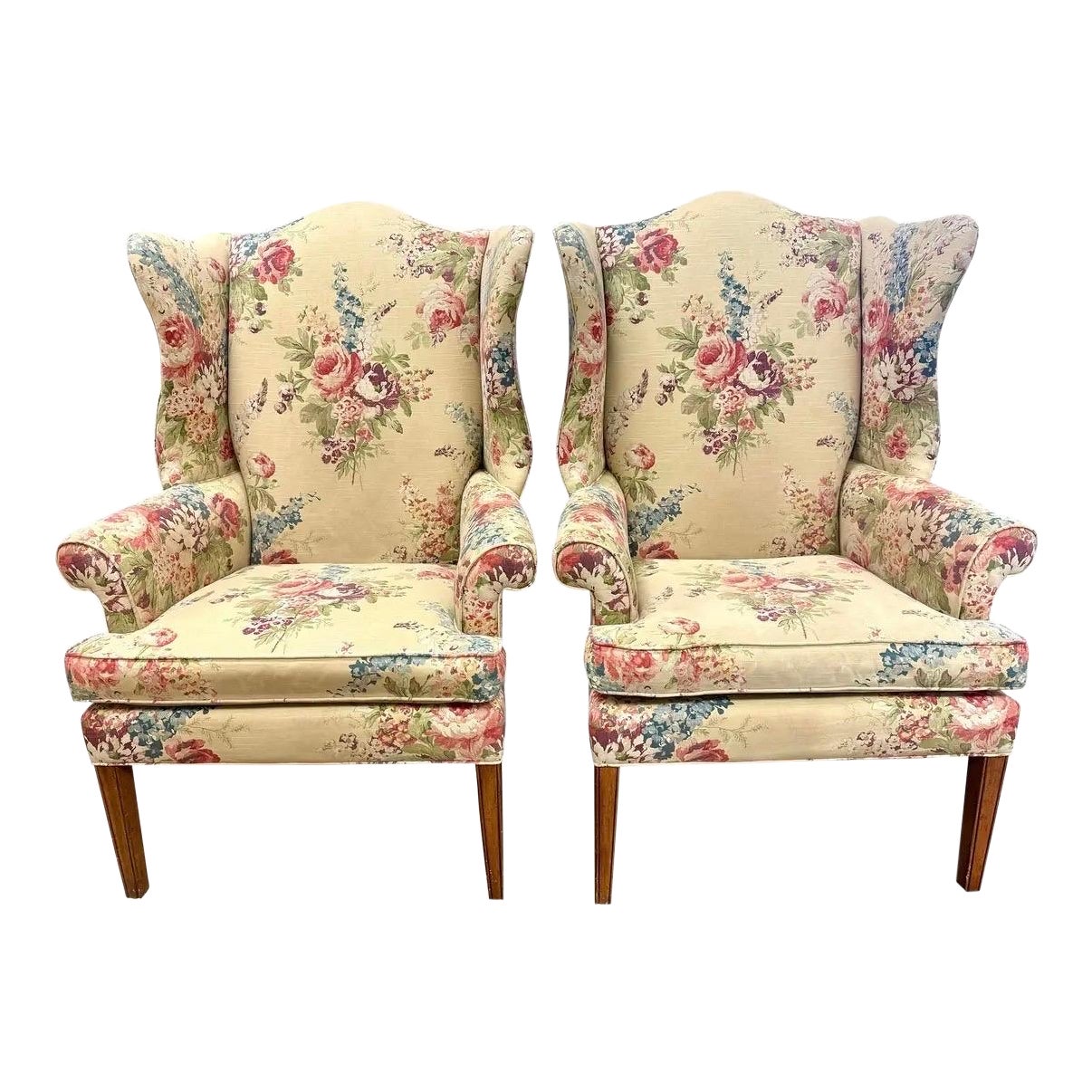 Pair of Floral Chintz Wingback Reading Chairs For Sale at 1stDibs