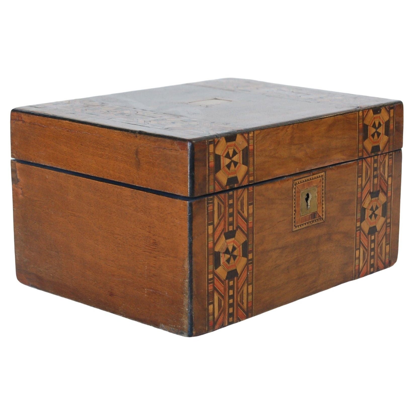 Intricate 1920s Marquetry Inlaid Wood Box With Skeleton Key For Sale at ...