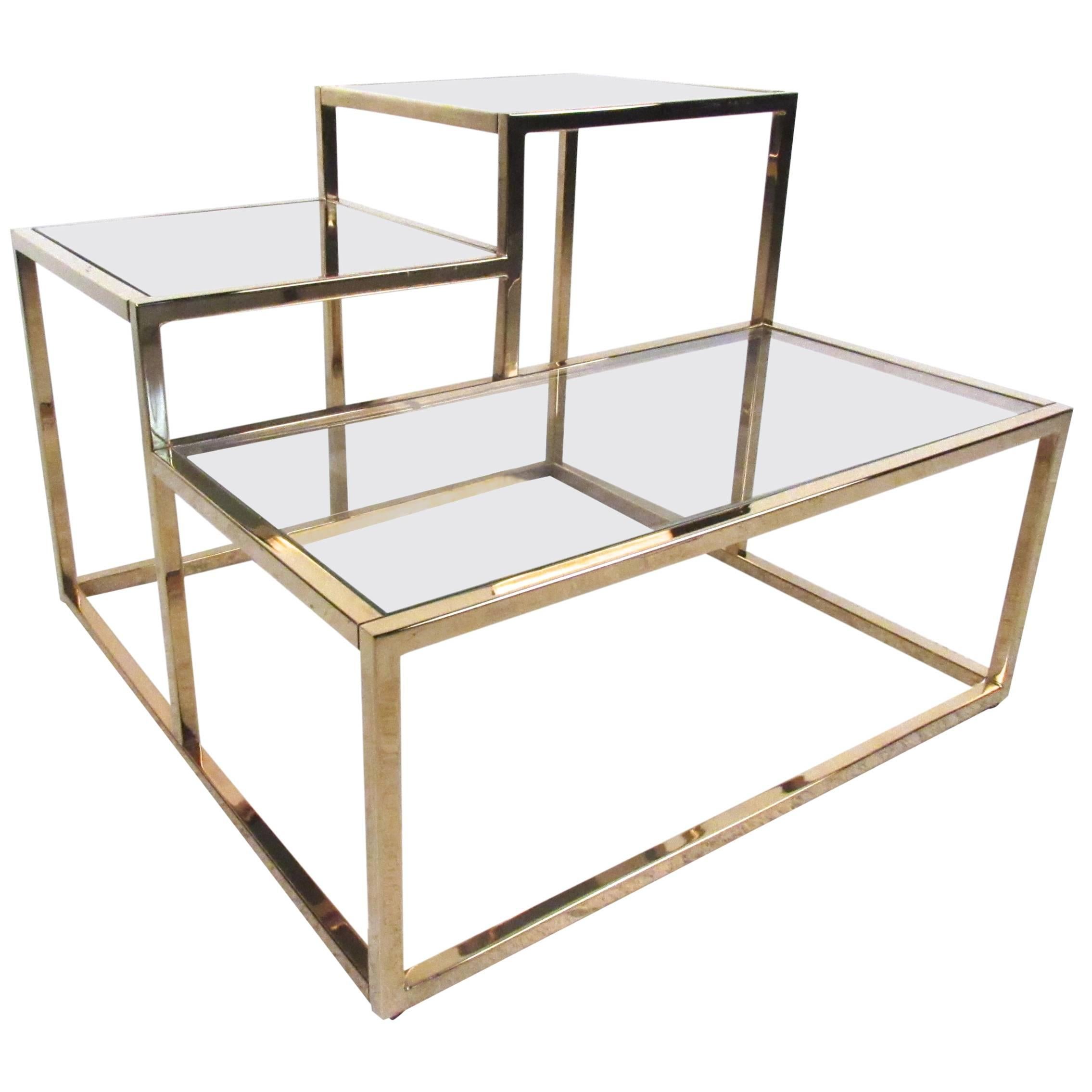 Stylish Mid-Century Three-Tier Brass End Table at 1stDibs