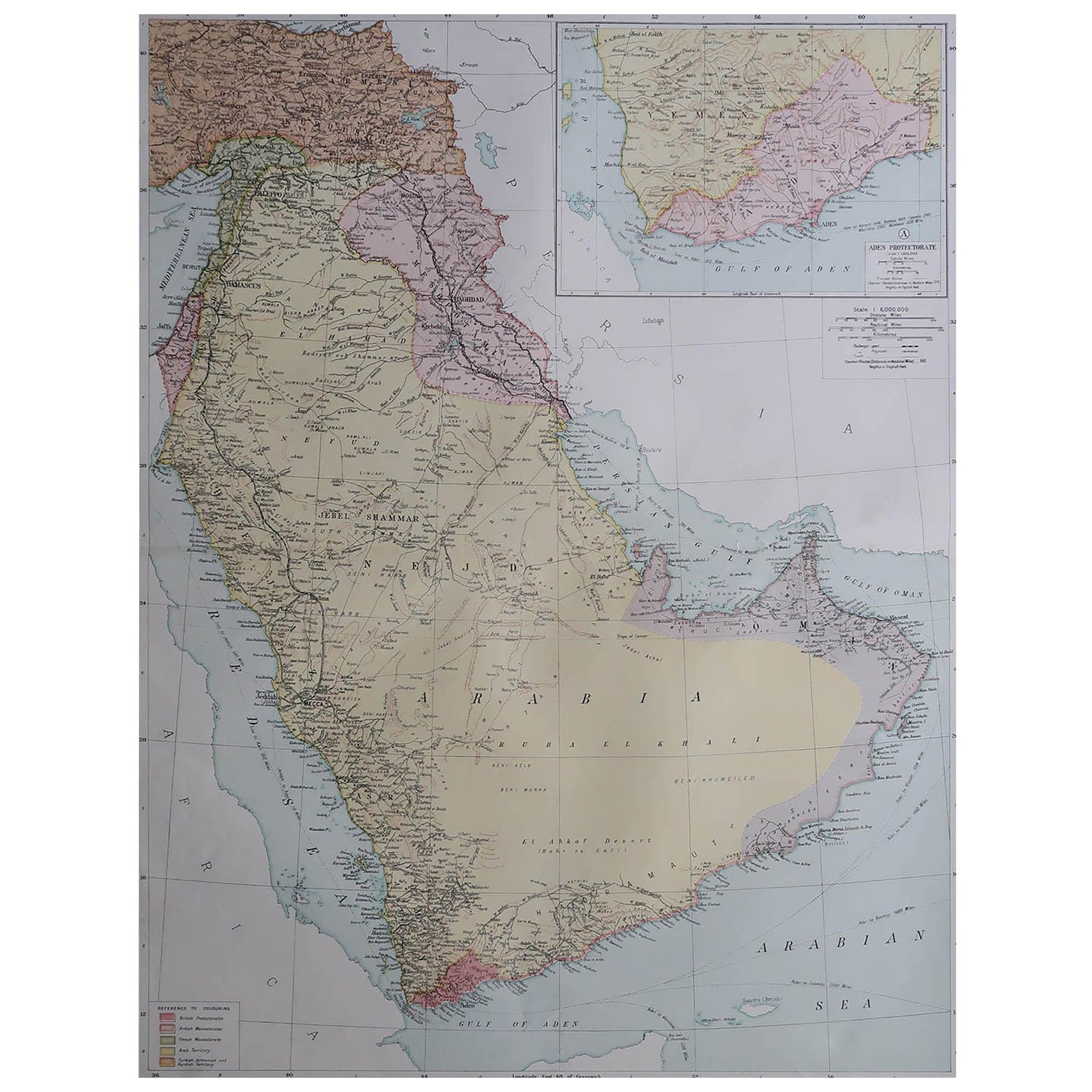 Large Original Vintage Map of Saudi Arabia, circa 1920 For Sale at 1stDibs