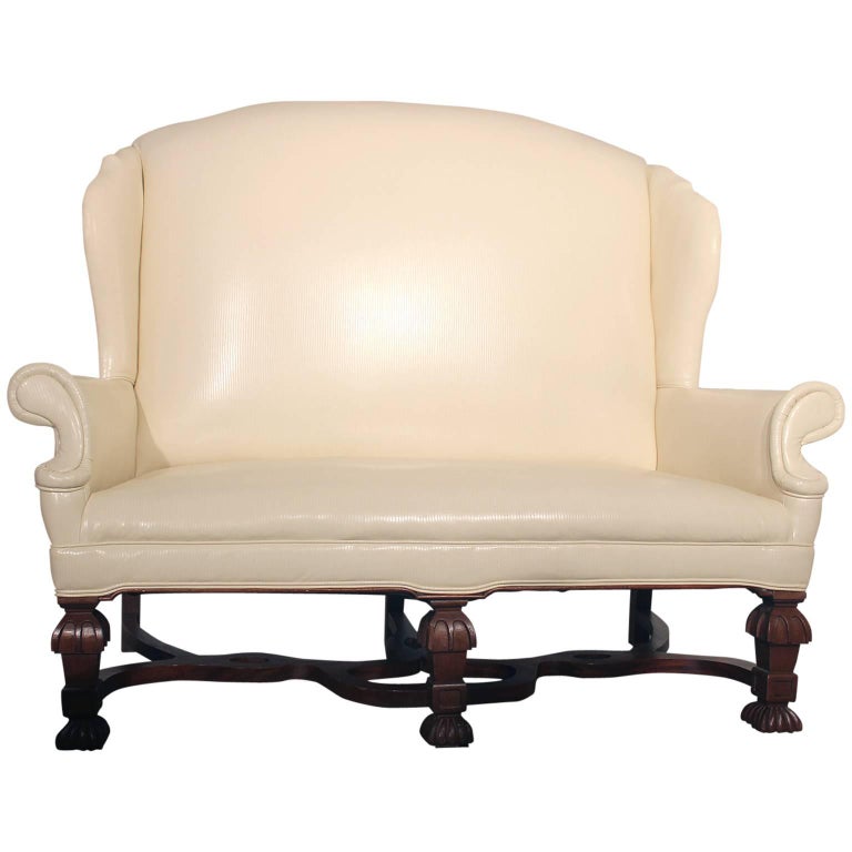 Antique William and Mary Wingback Settee White Faux Leather Ornate Wood ...