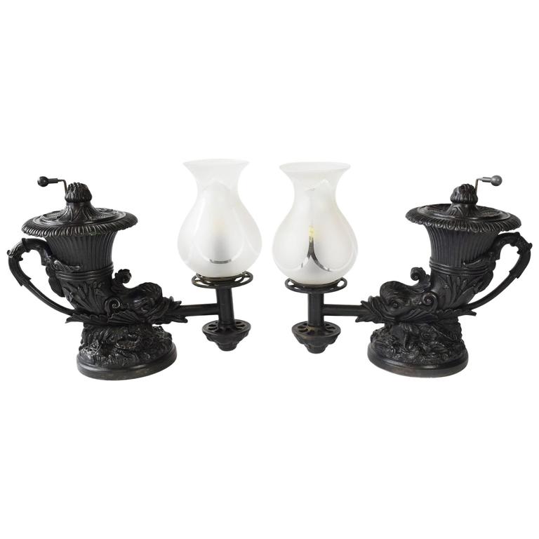 Pair of Patinated William IV Bronze Colza-Oil Lamps in the Form of ...