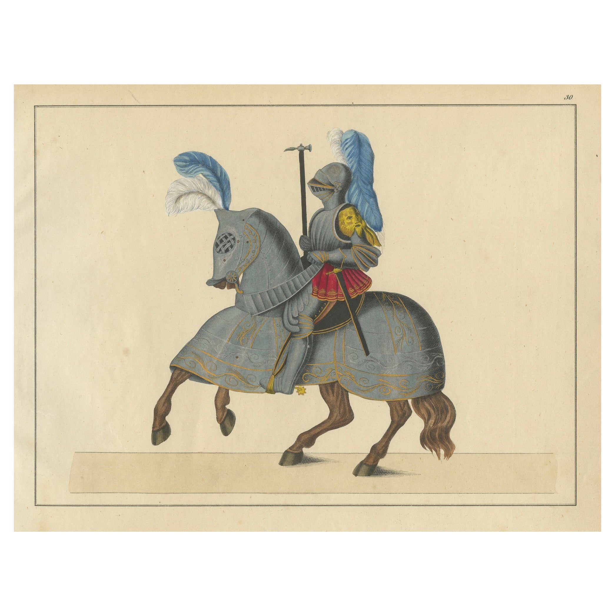 Hand-Coloured Lithograph of Knights in Aftermath of a Broken Lance Duel ...