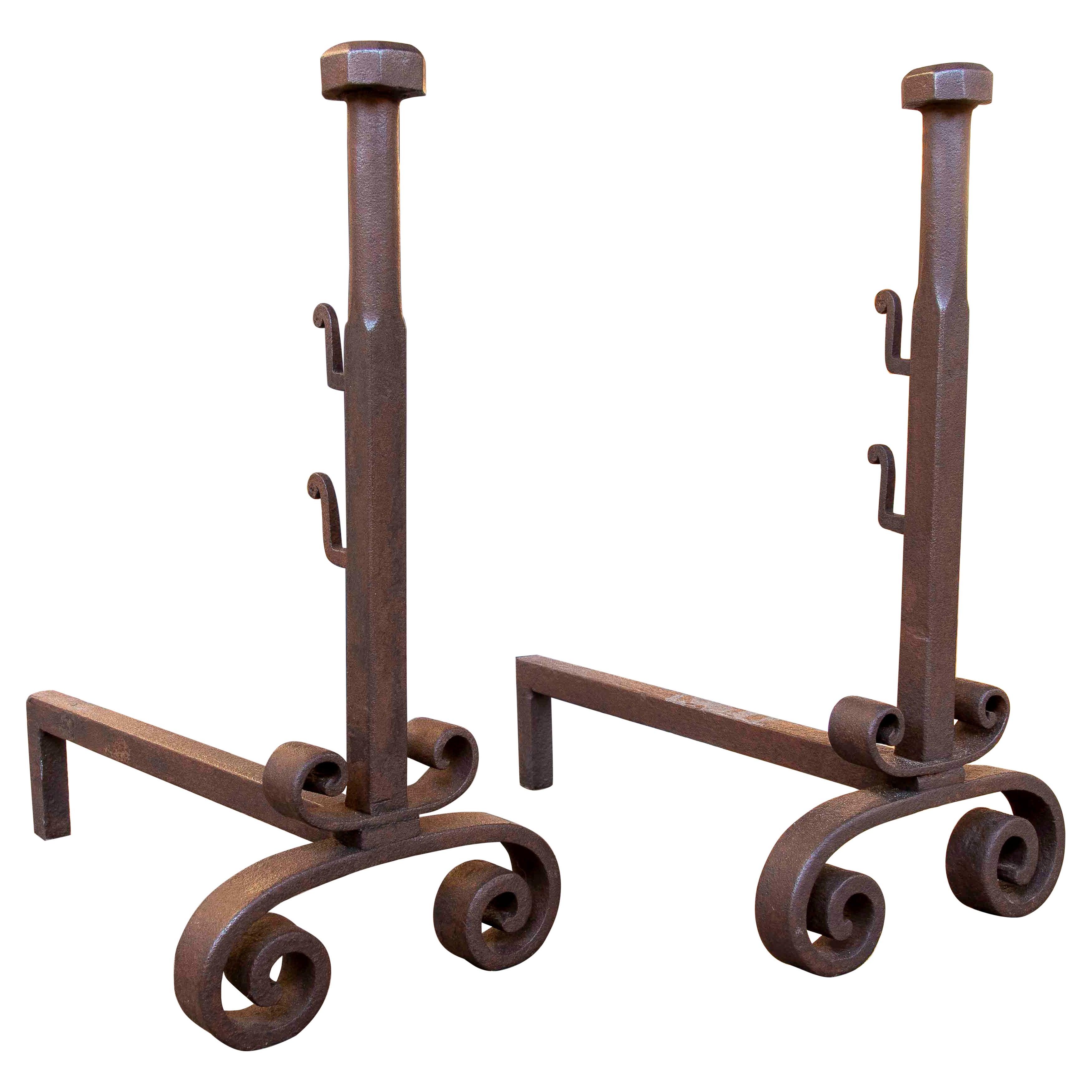 1850s Pair of Wrought Iron Morrises with Spiral Base for Fireplace For ...