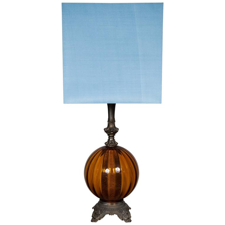 Round Dark Amber Glass Lamp Base with Modern Square Silk Blue Shade at ...