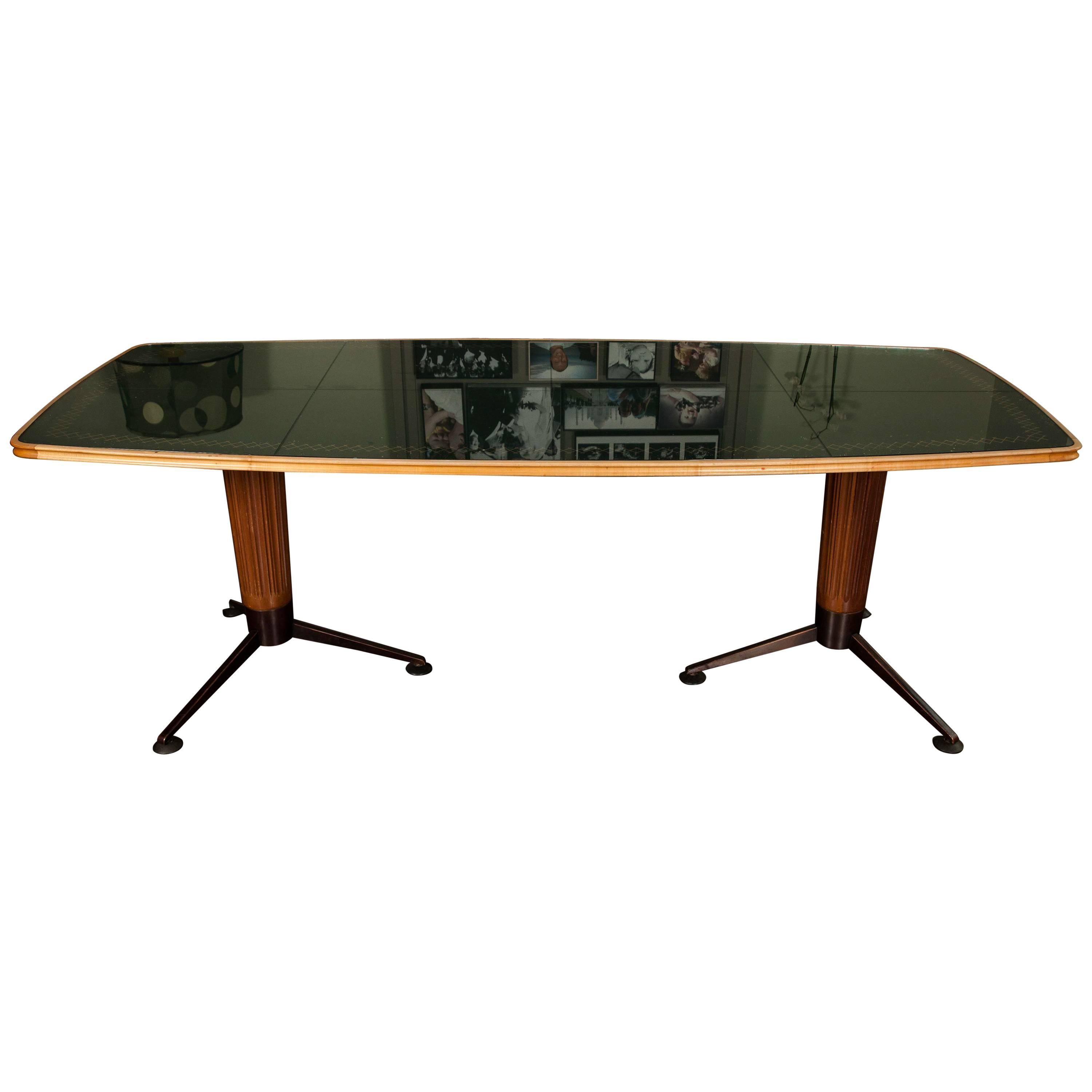 Mid-Century Curved Dining Table with Glass and Green Leather Top For ...