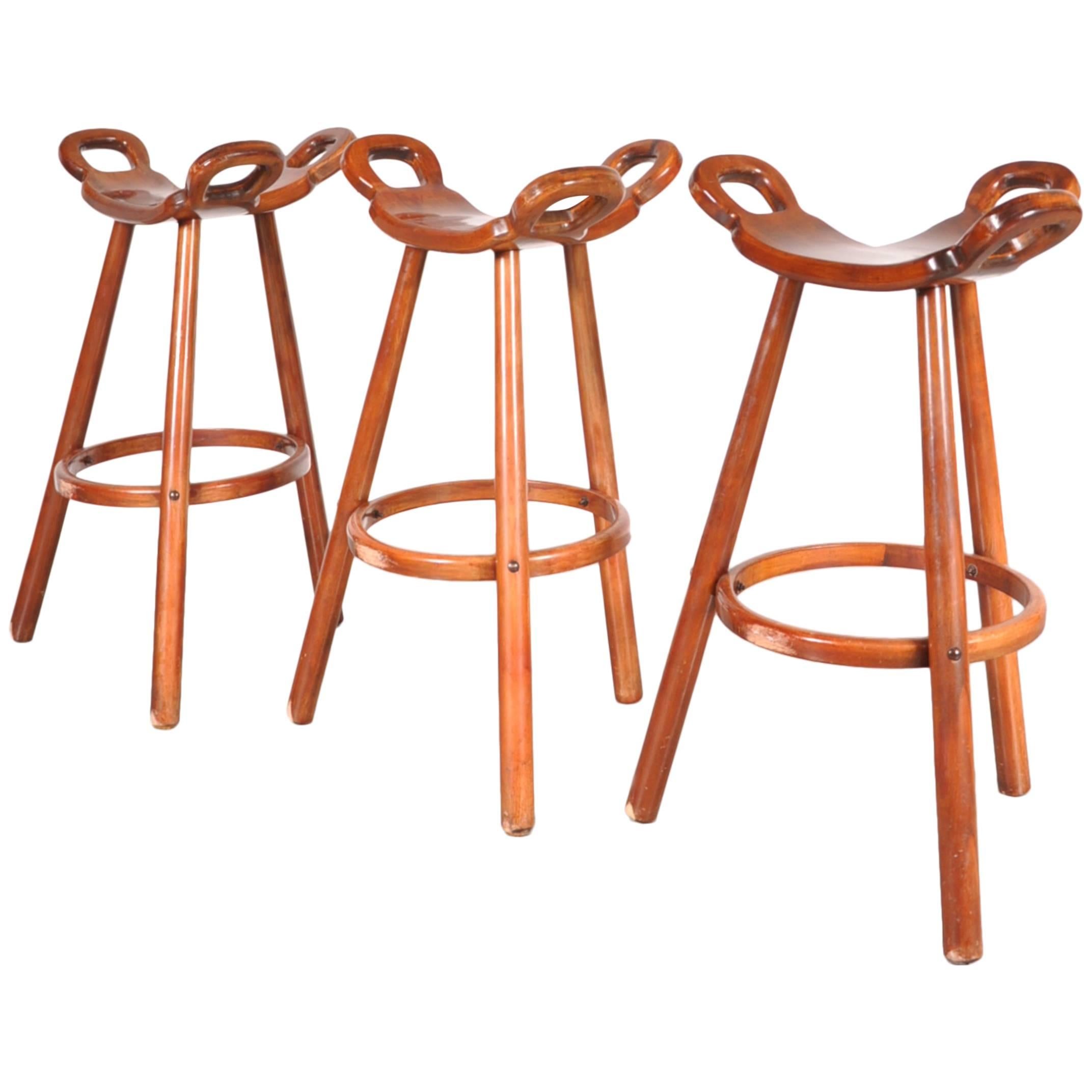 Set of Three Spanish Brutalist "Marbella" Bar Stools, circa 1970 at 1stDibs