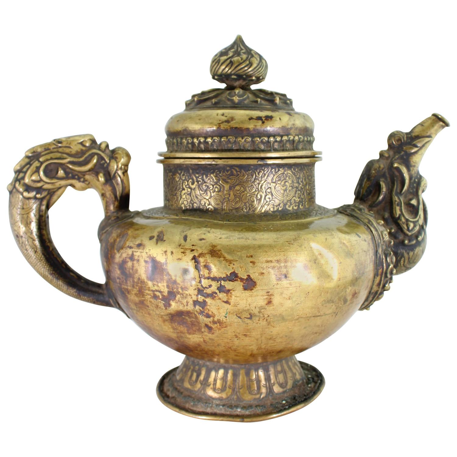 Tibetan 19th Century Brass Dragon Tea Pot at 1stdibs