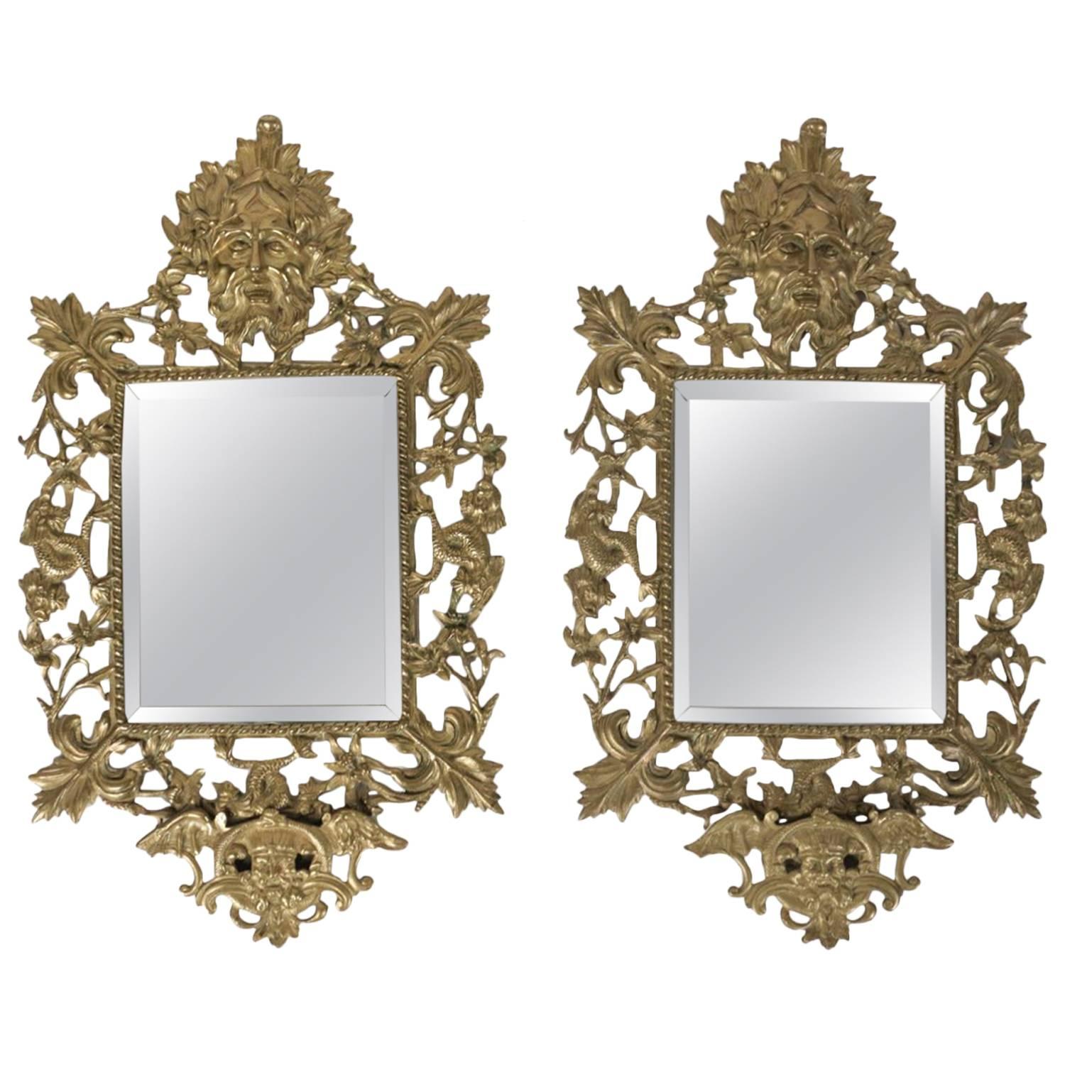 Pair of Mirrors in Gold Gilt Bronze with 'Faune Heads' at 1stDibs