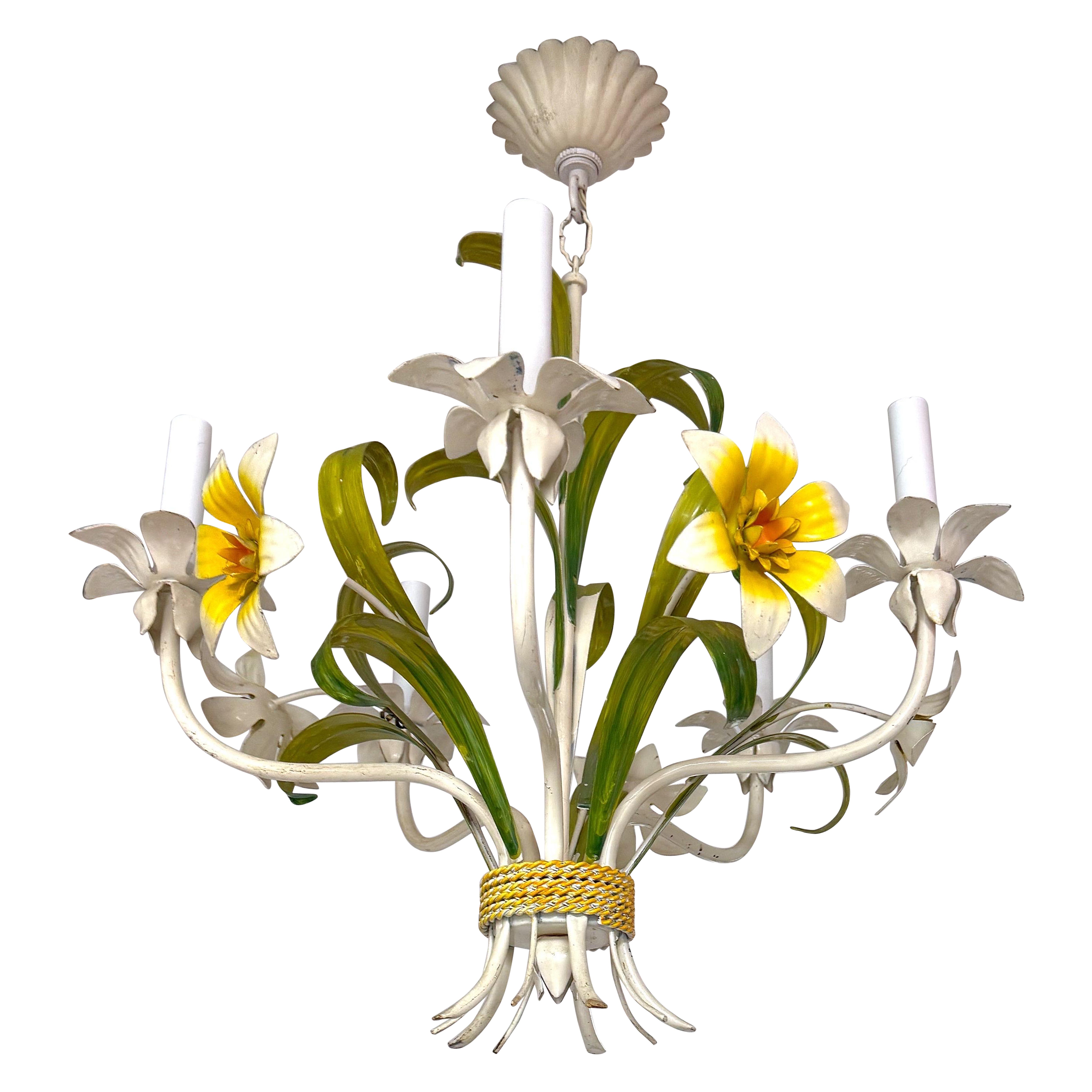 Vintage Italian Floral Tole Chandelier For Sale at 1stDibs