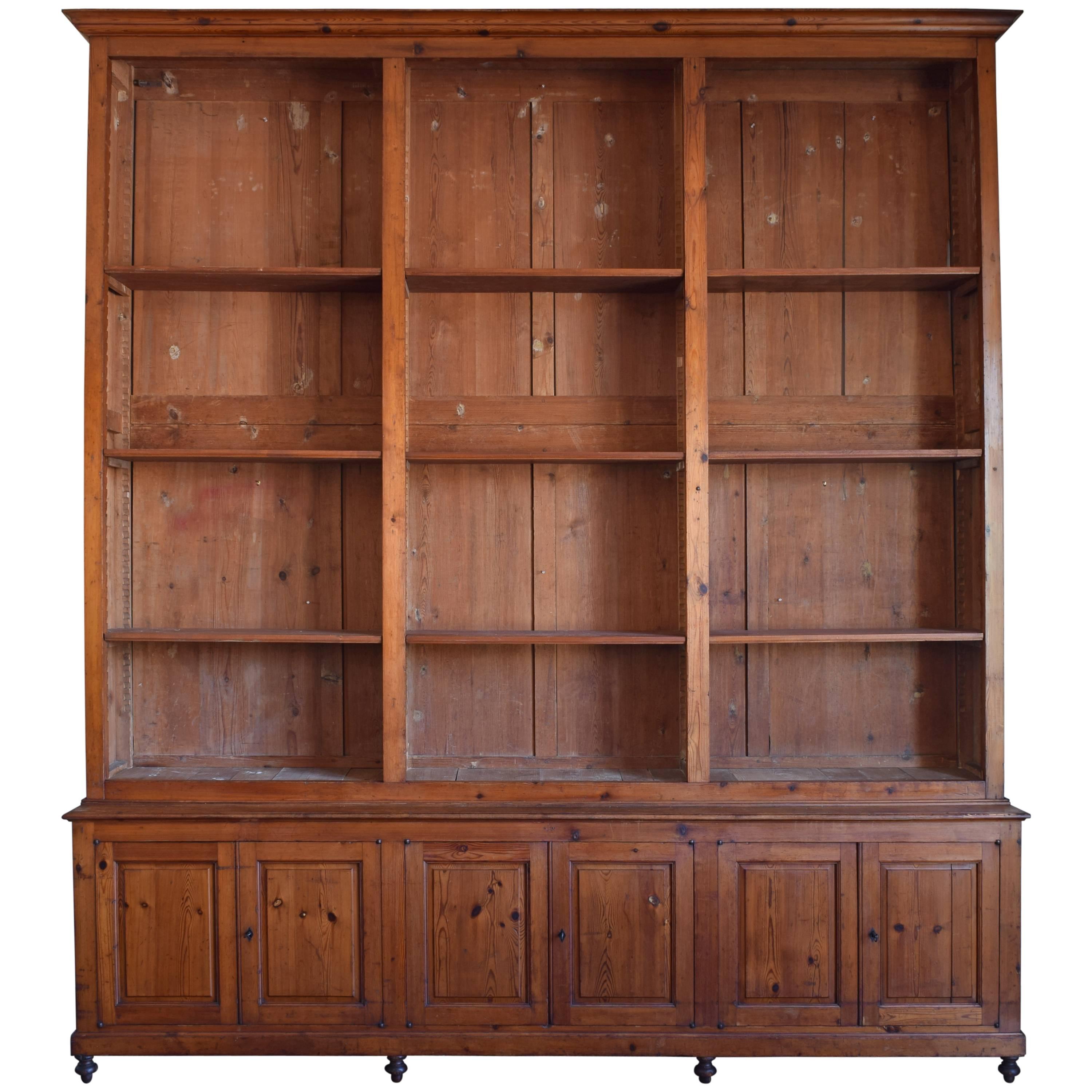 Italian circa 1870 Large Bookcase in Chestnut, Open Shelves and Locking ...