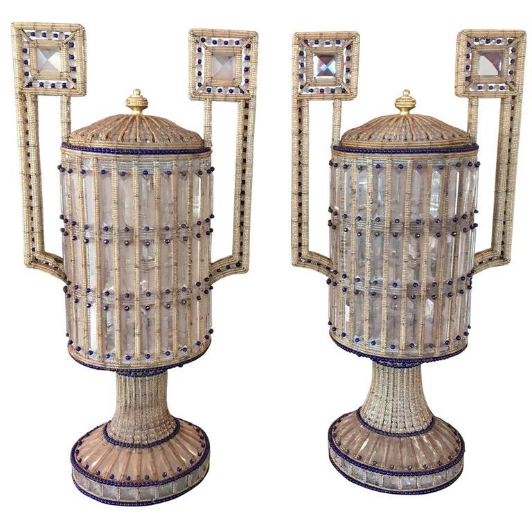 Rare and Beautiful Pair of Venetian Opaque Glass and Beaded Urns at 1stDibs