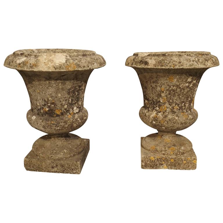 Pair of Small Reconstituted Stone Urns from France at 1stDibs