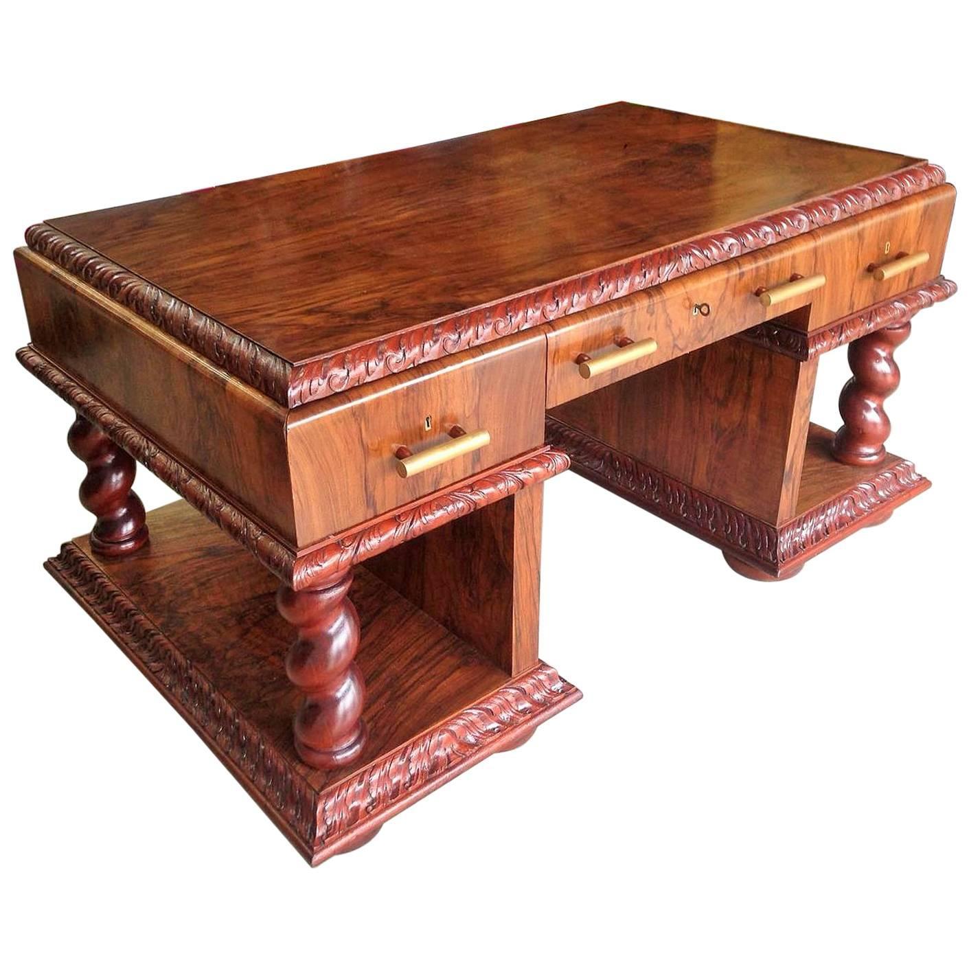 Important Art Deco Desk Table in Walnut with Black Glass Top For Sale ...