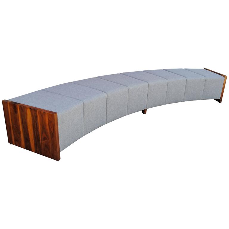Large Modern Curved Upholstered and Walnut Bench For Sale at 1stDibs