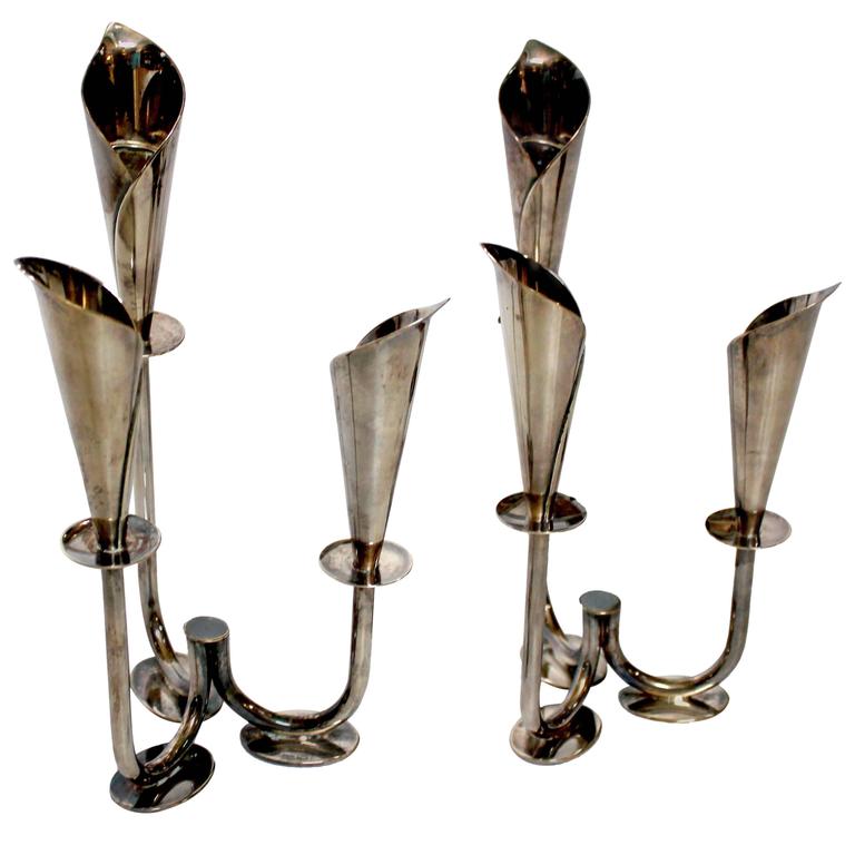 Pair of 1940s Hans Jensen Silver Plate Calla Lilly Candlesticks at 1stDibs