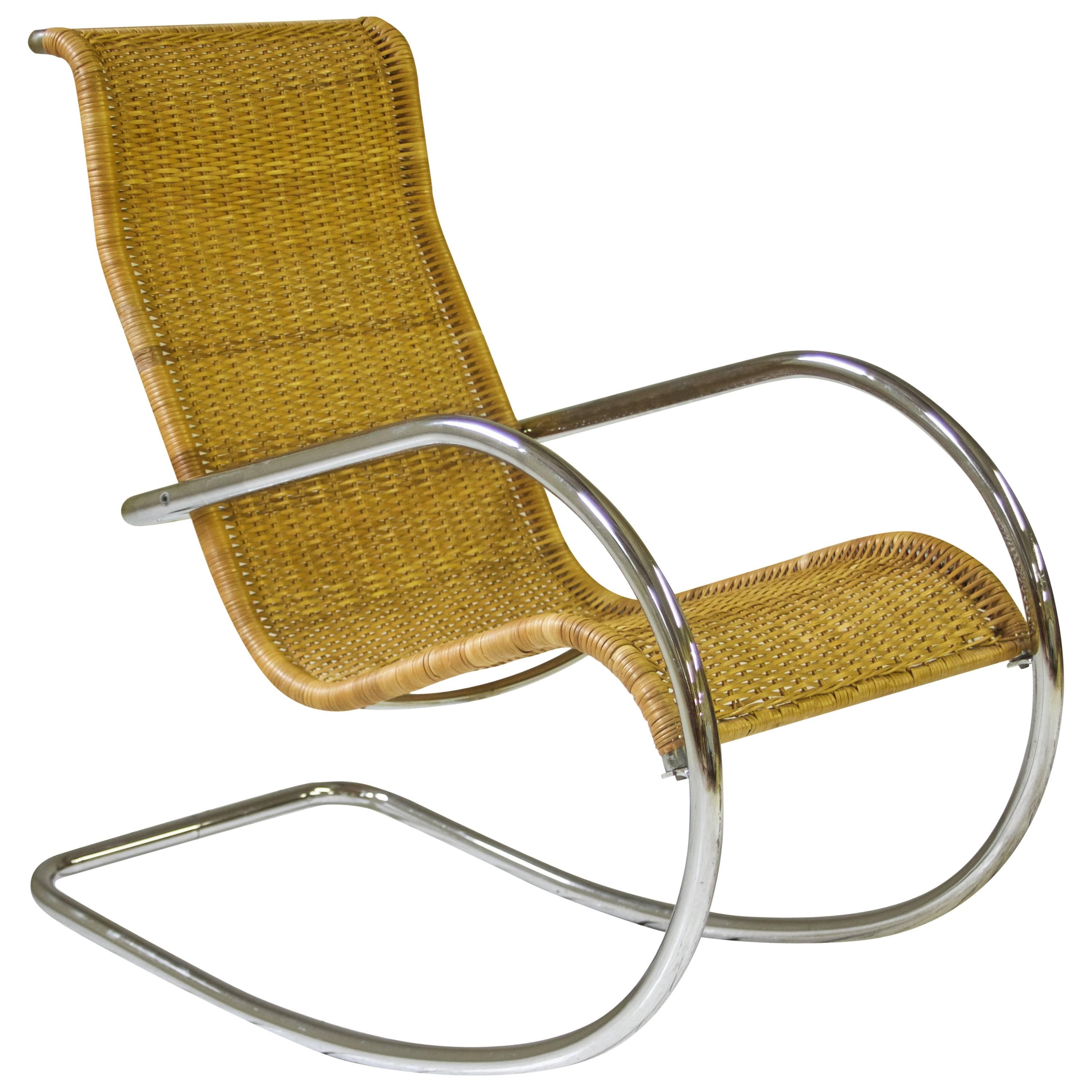 Italian Rocking Chair in Chrome and Wicker at 1stDibs