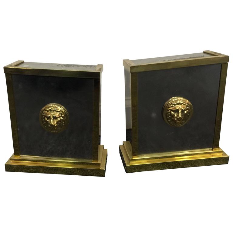 Pair of Two-Tone Versace Style Bookends with Lion Heads For Sale at 1stDibs