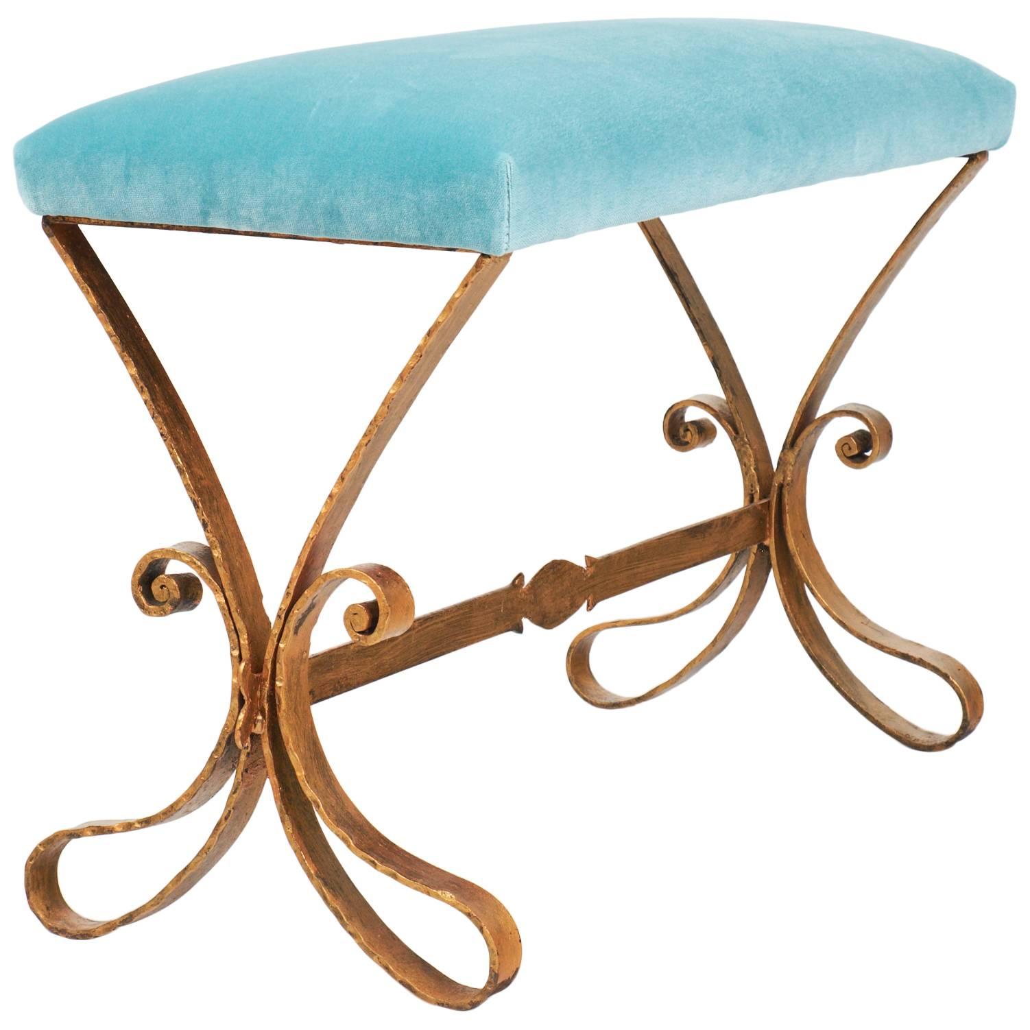 Vintage Spanish Gold Leafed Hammered Iron Bench at 1stDibs