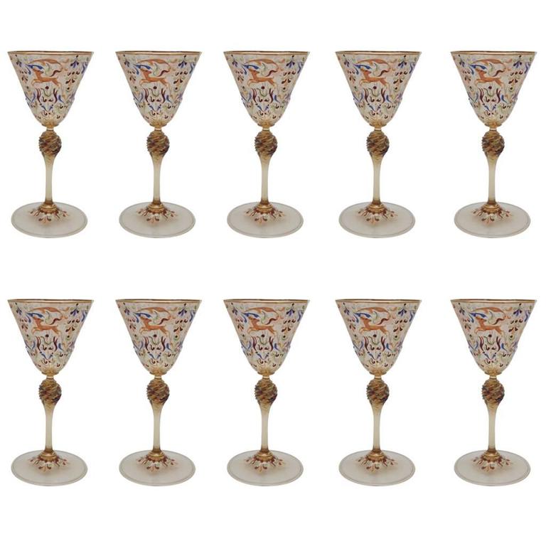 Set of Ten Fabulous Hand-Painted Enamel Murano Glass Goblets at 1stDibs