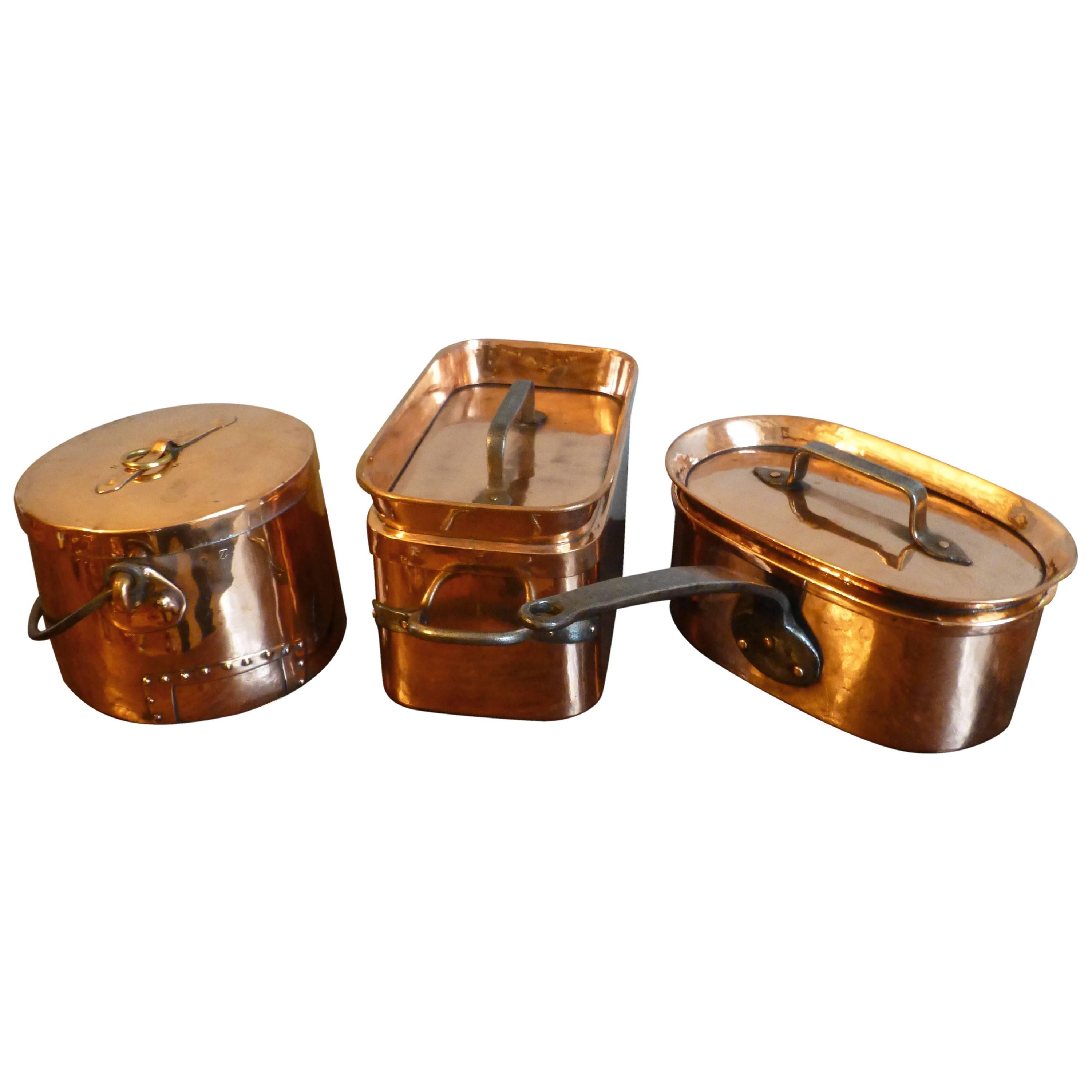 Magnificent Set of Three Re-tinned Copper Pots and Lids For Sale at 1stDibs