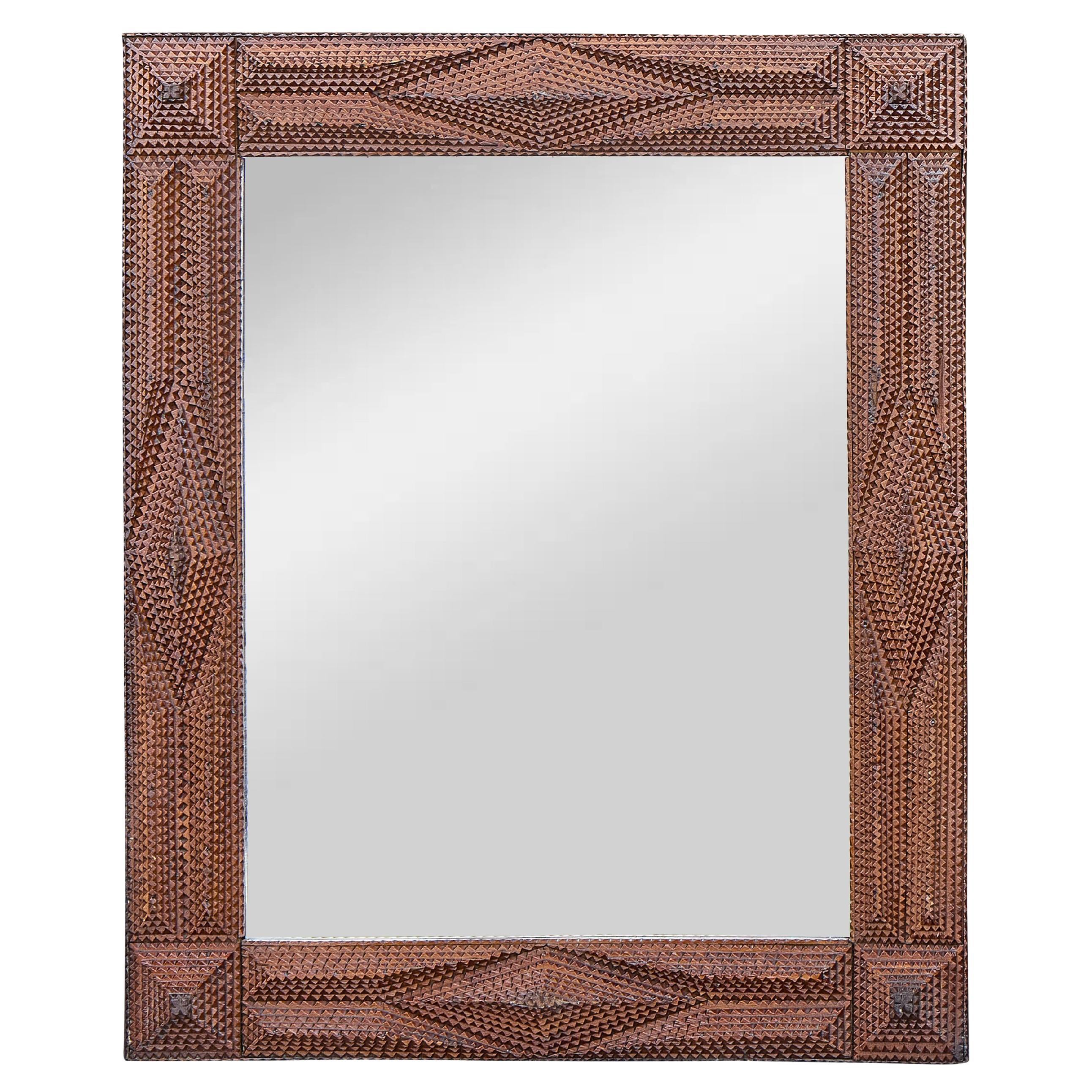 Pair of French Tramp Art Mirrors with Geometric Carved Frames, circa ...