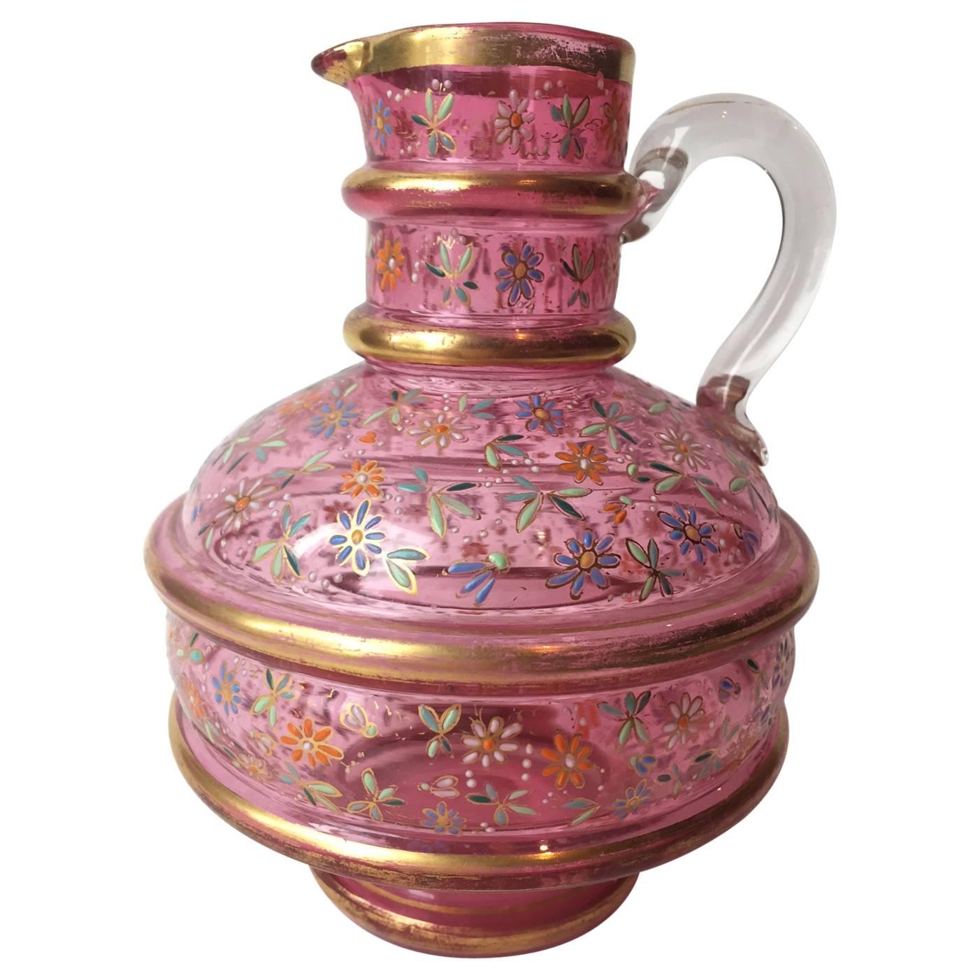 Antique Moser Glass Pitcher Enamel and Gilt Decorated with Flowers ...