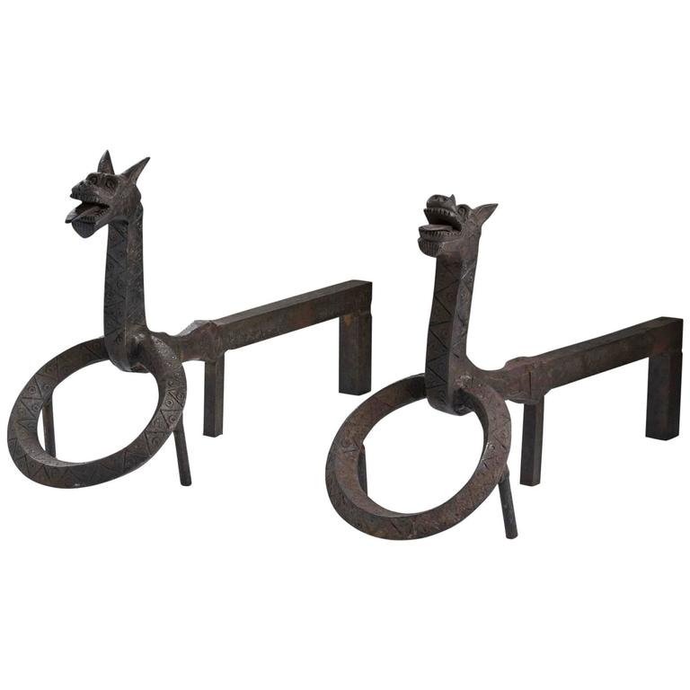 American Pair of Iron Dog/Dragon Andirons 19th Century Folk Art For ...