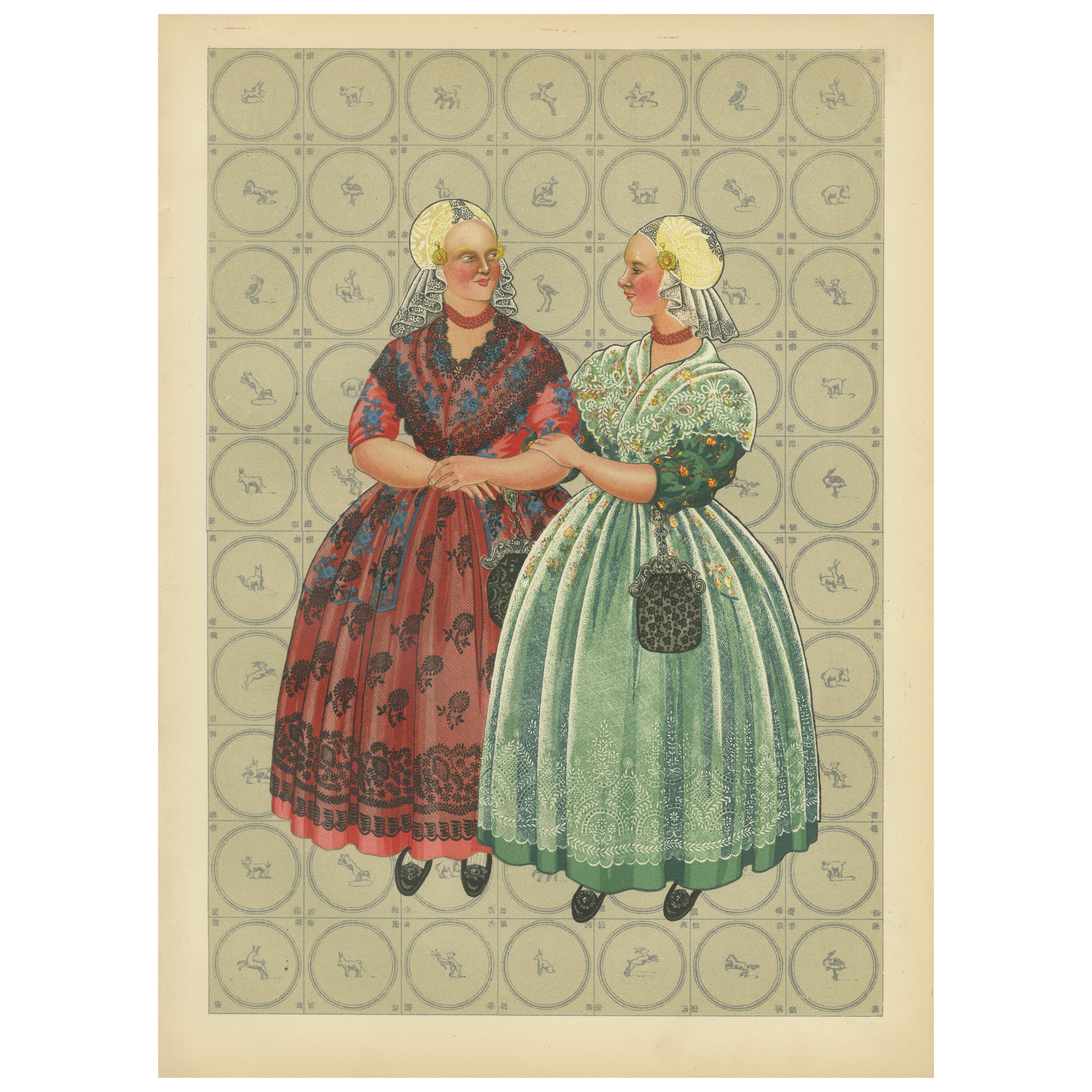 Rare 1932 Dutch Print: Huizen Women's Modern Dress with Lace Caps and ...