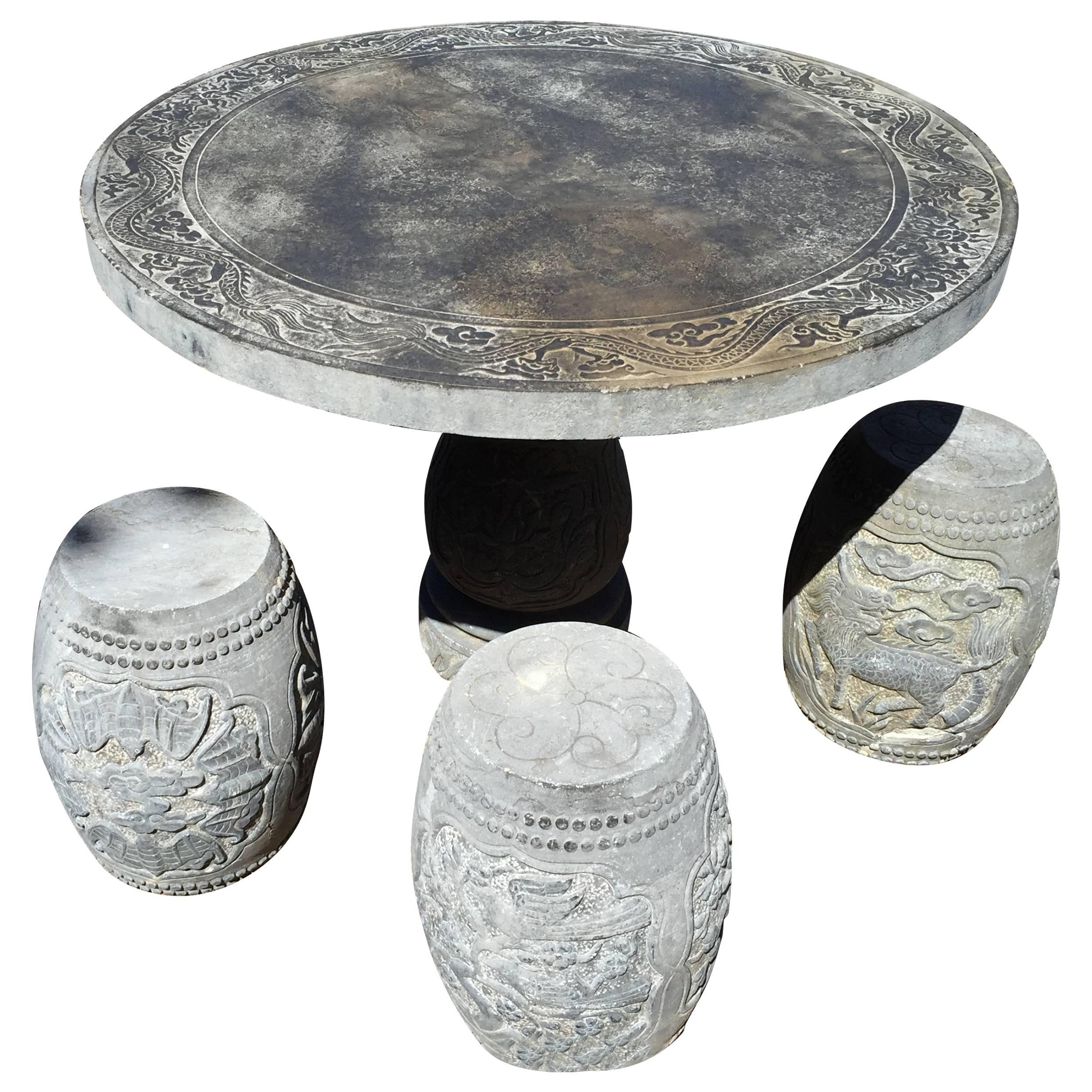 Old Hand Carved Garden Stone Table and Stools 6 pcs solid limestone at ...