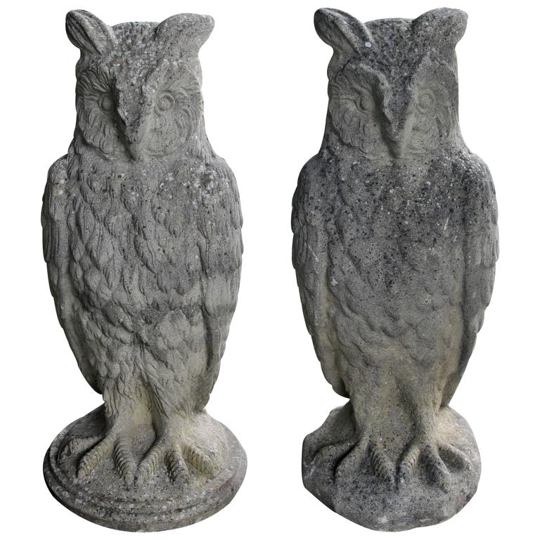Pair of Large Stoic English Cast Stone Owls at 1stDibs