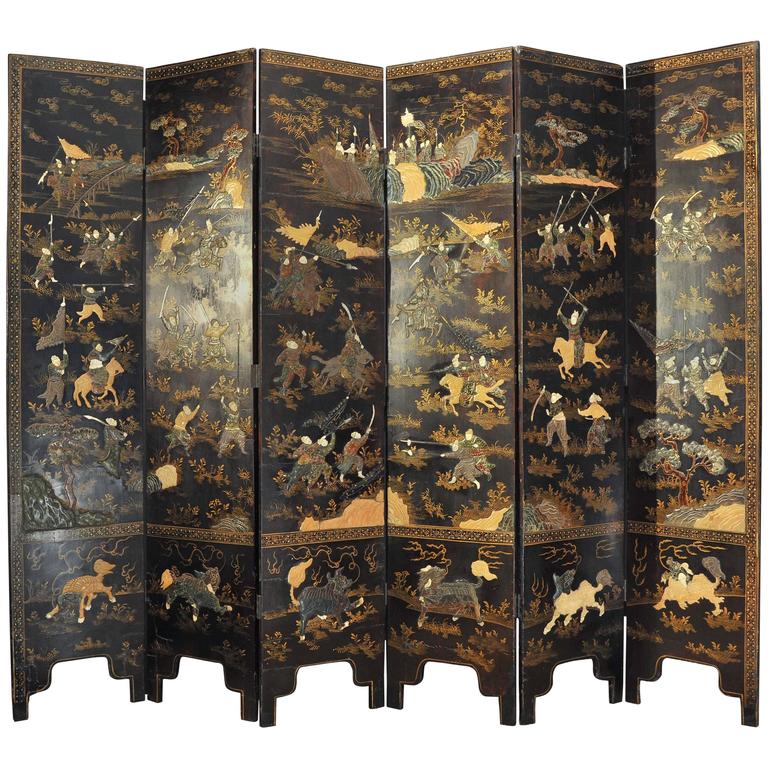 19th Century Six-Panelled Black Lacquered Chinese Screen at 1stDibs