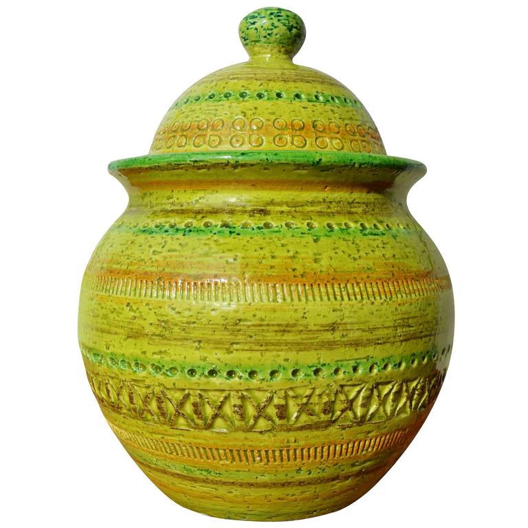 Bitossi Green Sgraffito Lidded Jar at 1stDibs