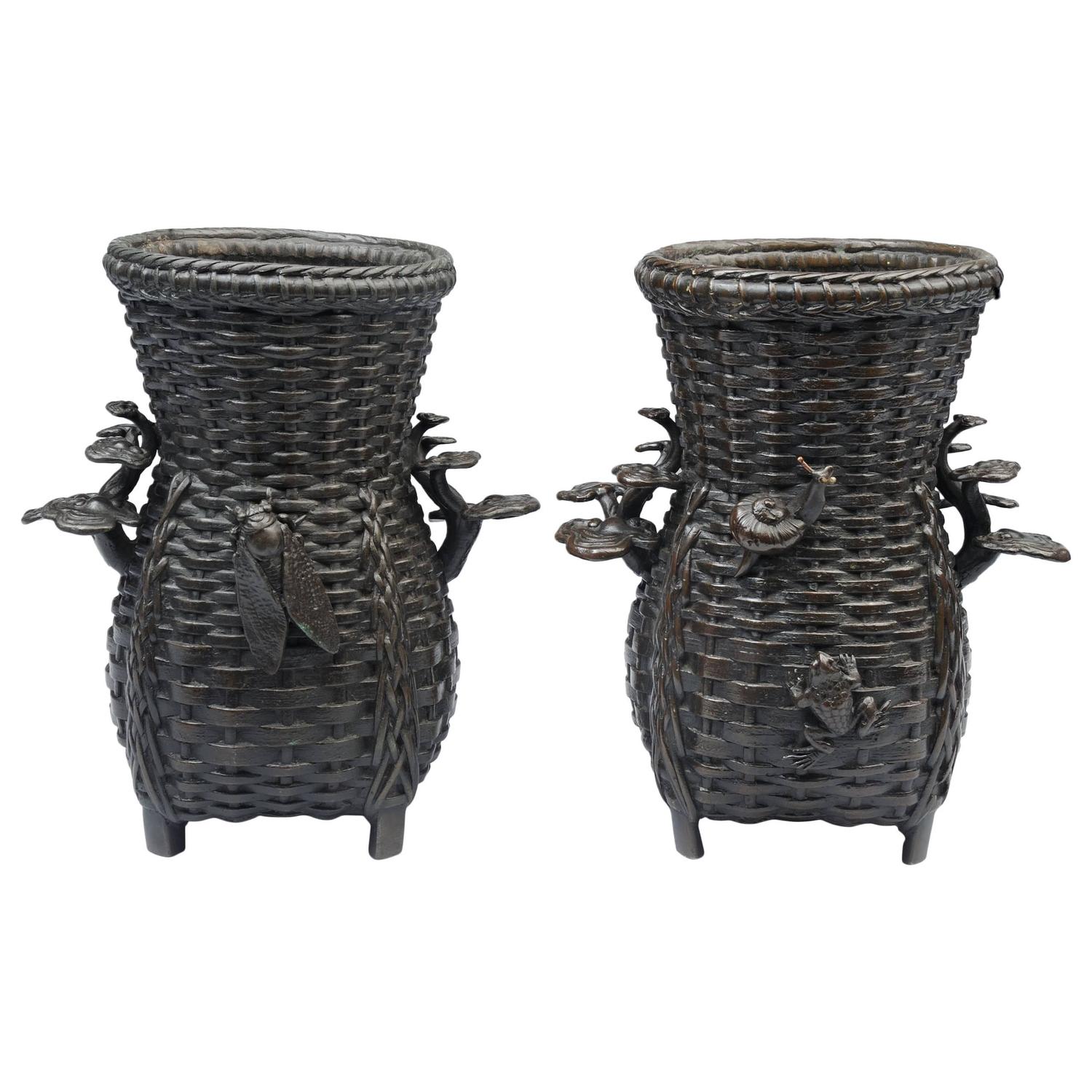 Pair of Japanese Bronze Basket Weave Vases, 19th Century For Sale at ...
