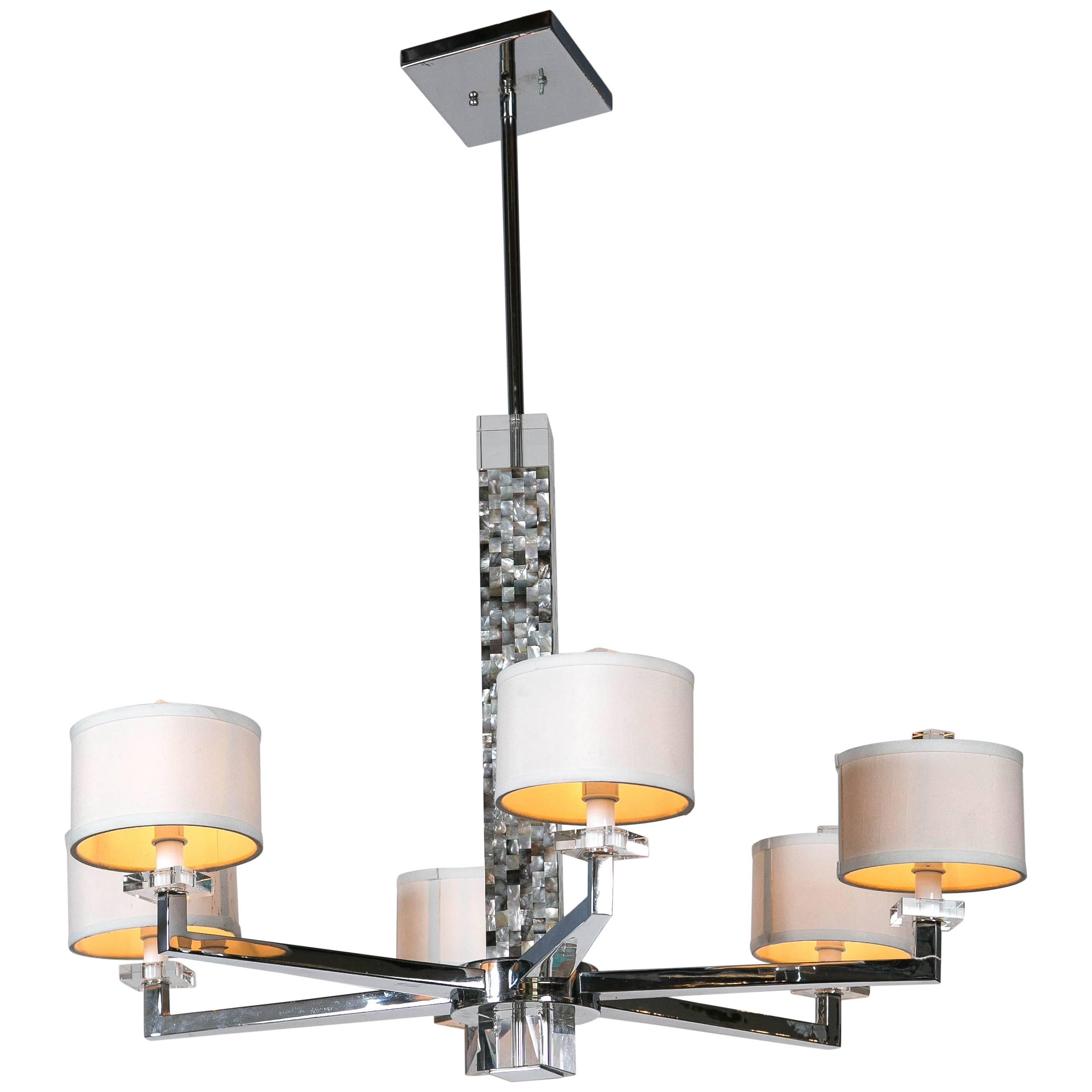 Mother of Pearl Micro Mosaic Decorated Chandelier Chrome Six Light ...