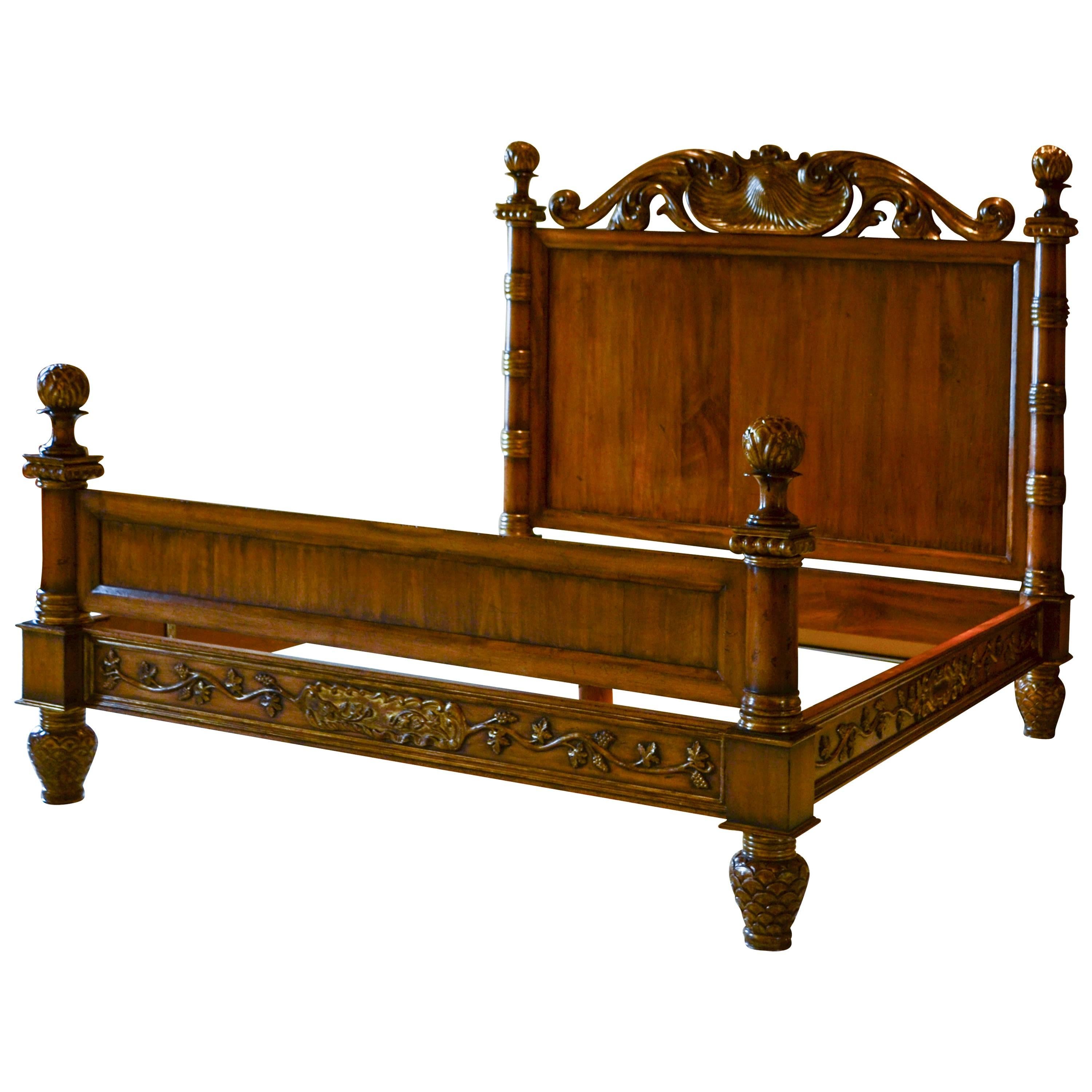 Custom Walnut King Bed with Hand-Carved Accents at 1stDibs