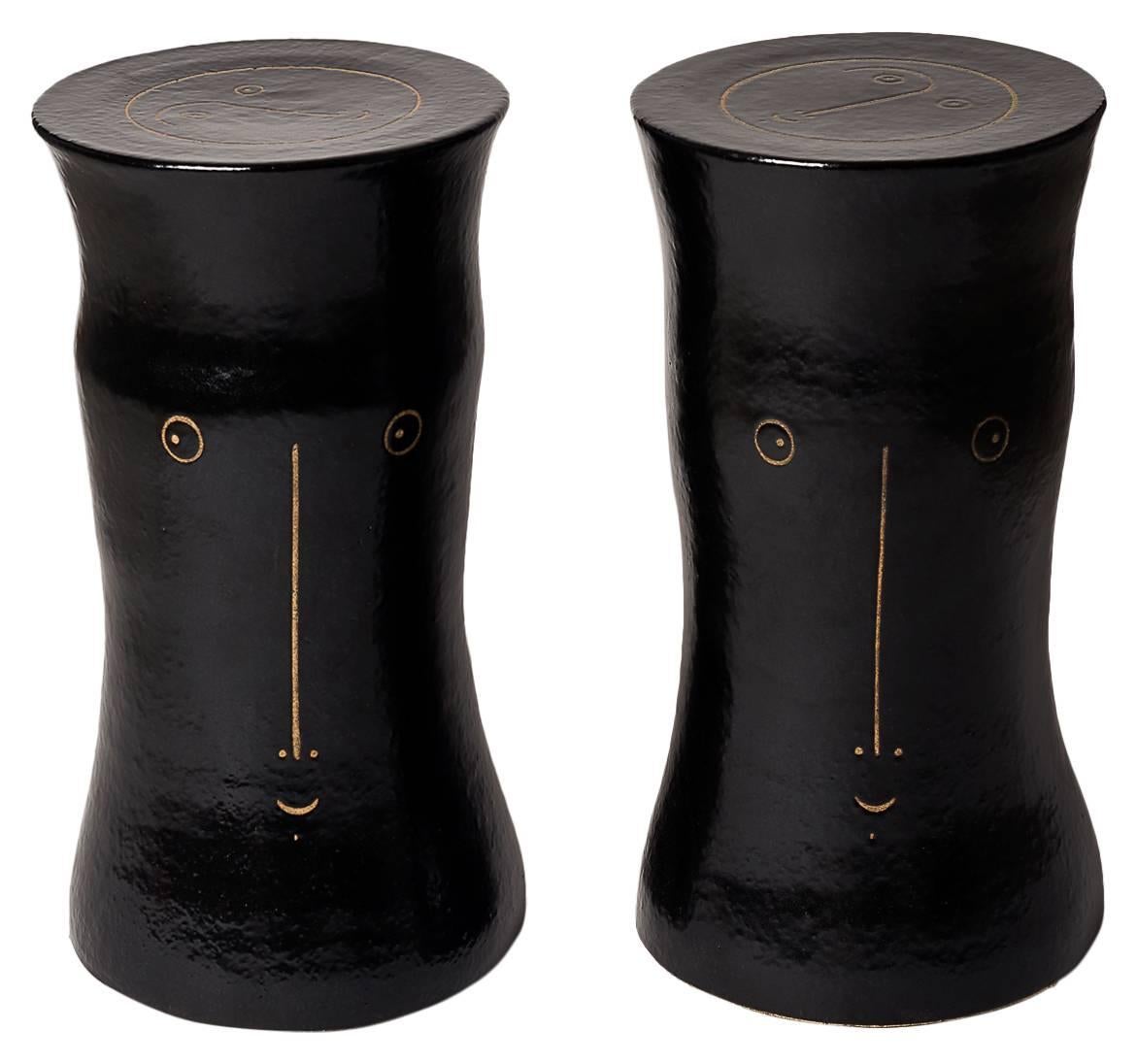 Pair of Black Glazed Ceramic Stools, Unique Piece by Dalo at 1stDibs
