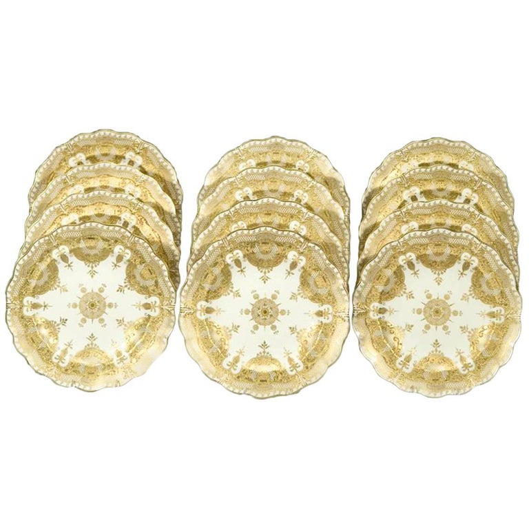 12 Royal Crown Derby Service Plates with Two-Color Raised Paste Gold ...