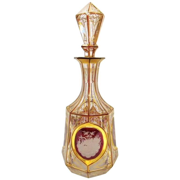Old 'Moser' Hand-Cut and Engraved Ruby Overlay Ecclesiastical Decanter ...