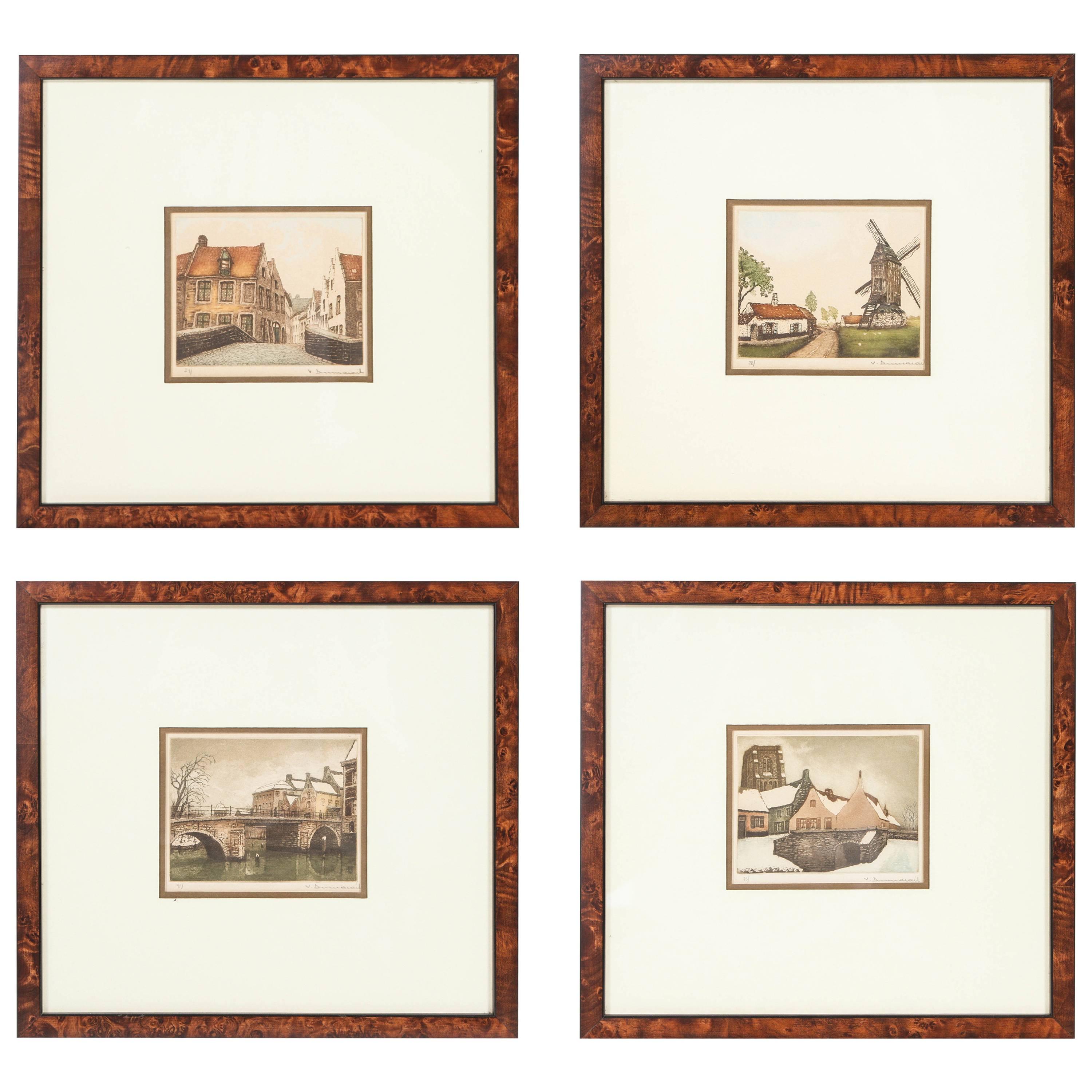 Set of Four Hand Colored Etchings at 1stDibs