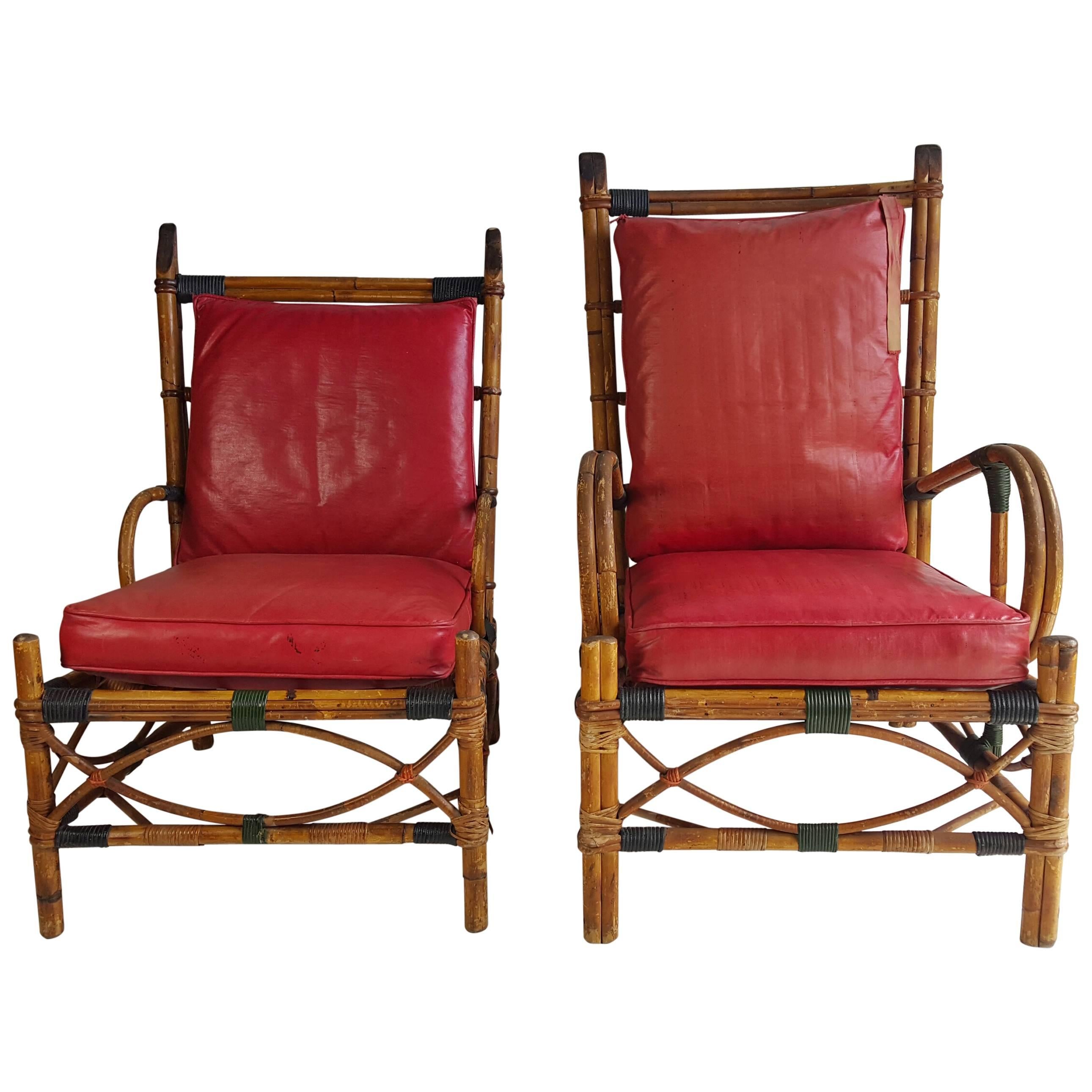 Pair of Rustic Deco Stick Wicker, Split Reed Chairs Attributed to ...