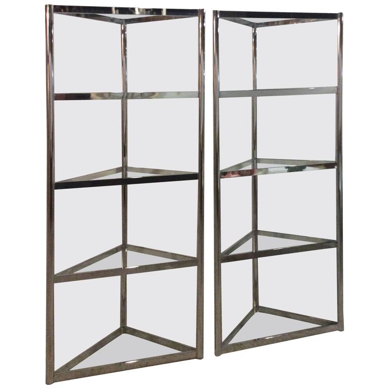 Milo Baughman Vintage Pair of Chrome Etageres Shelves Corner Triangle ...