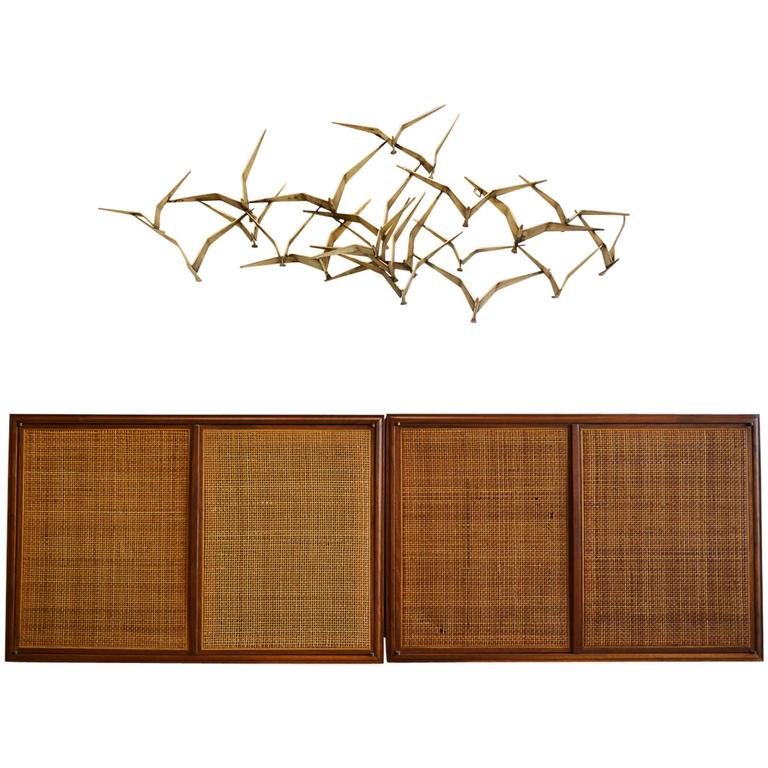 Pair of Floating Walnut and Cane Front Cabinets at 1stDibs