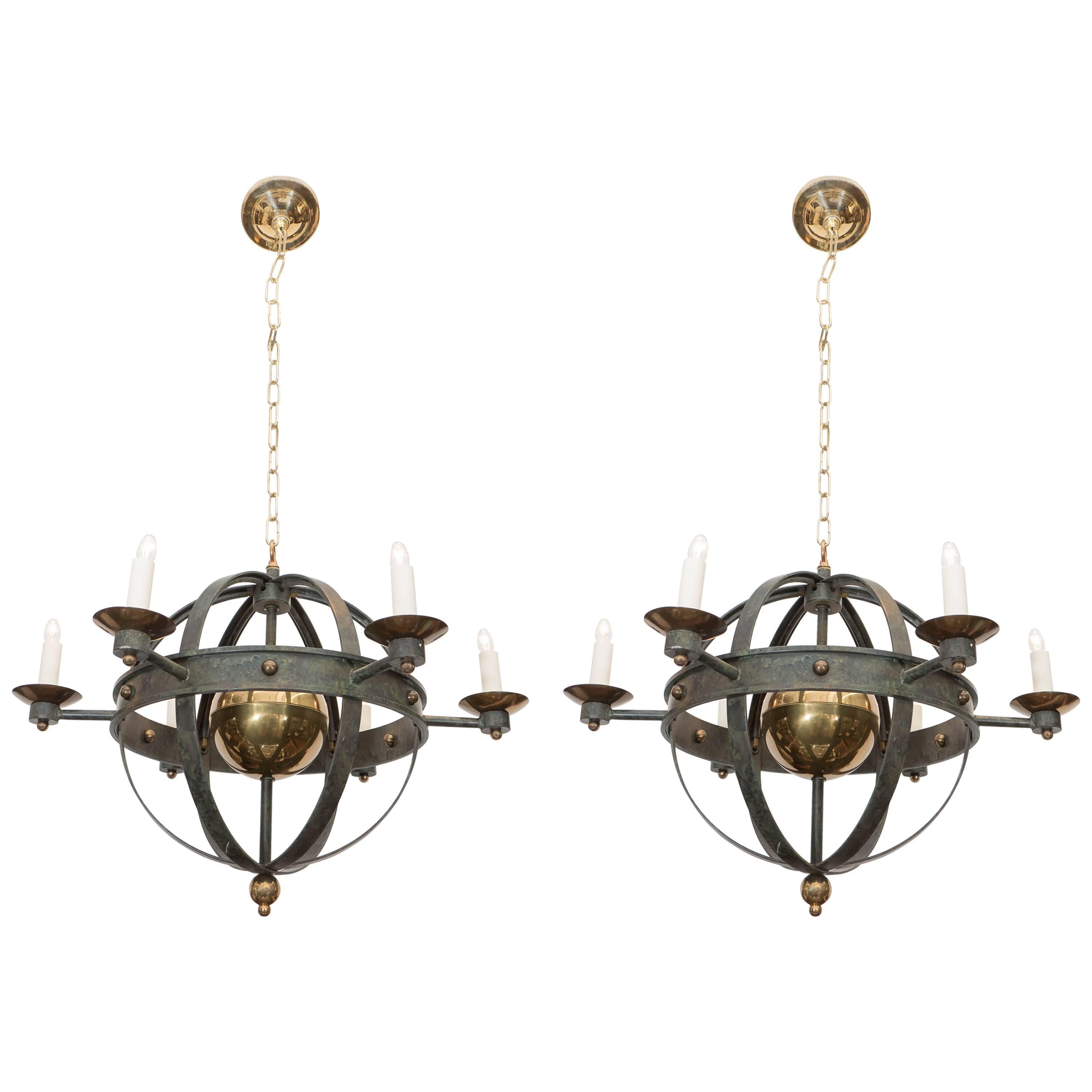 Pair of Mid-Century Verdigris Iron and Brass Orbit Light Fixtures at ...